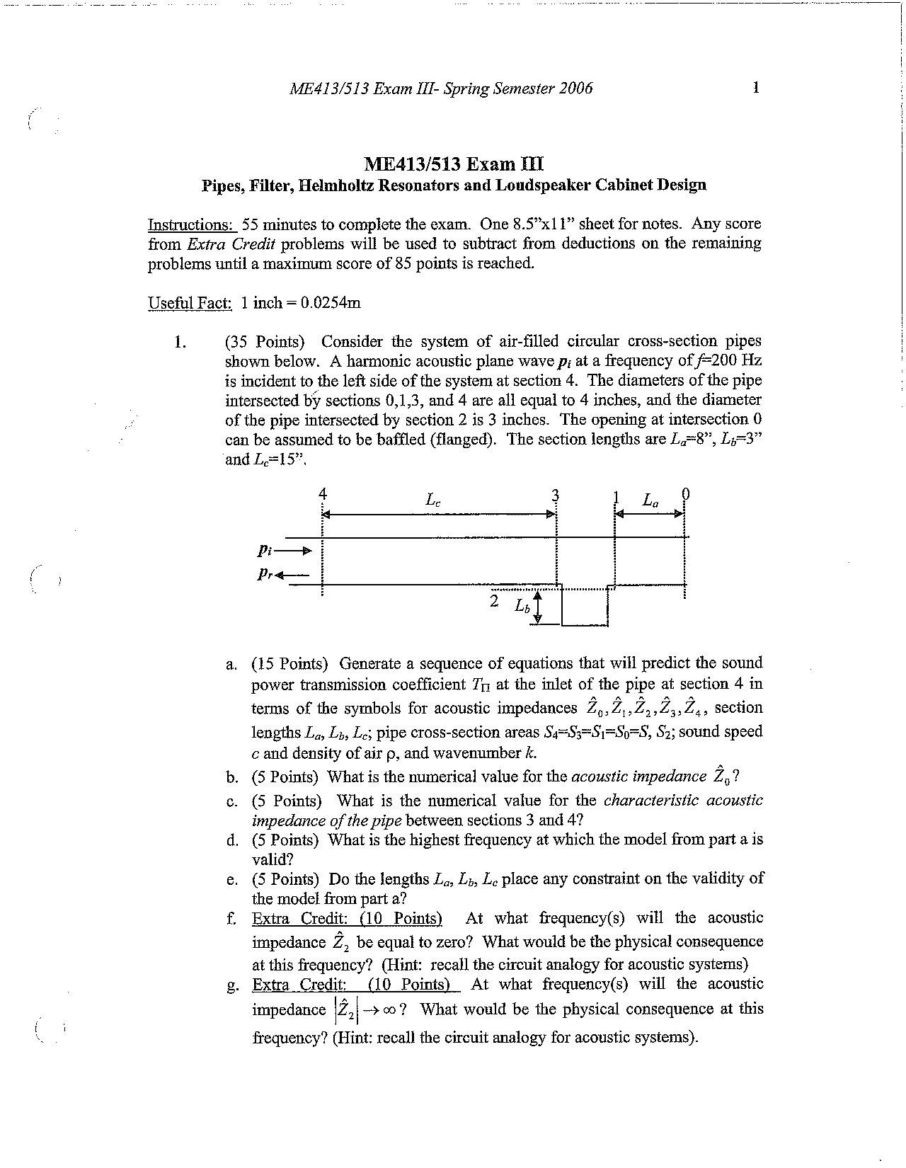 Examination Iii Spring 2006 Engineering Acoustics Me 413 Docsity