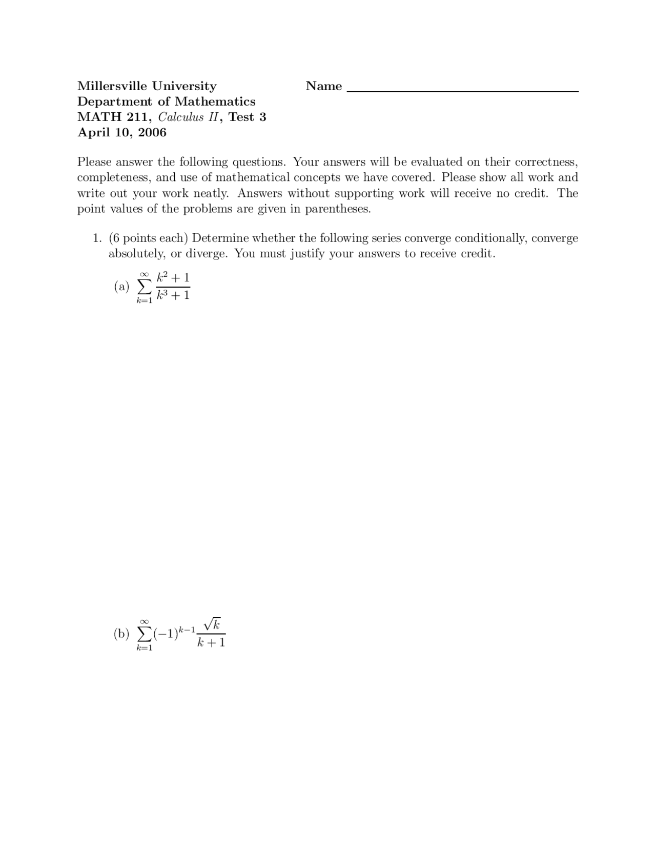 Take Home Questions For Calculus Ii Past Test 3 Math 211 Docsity