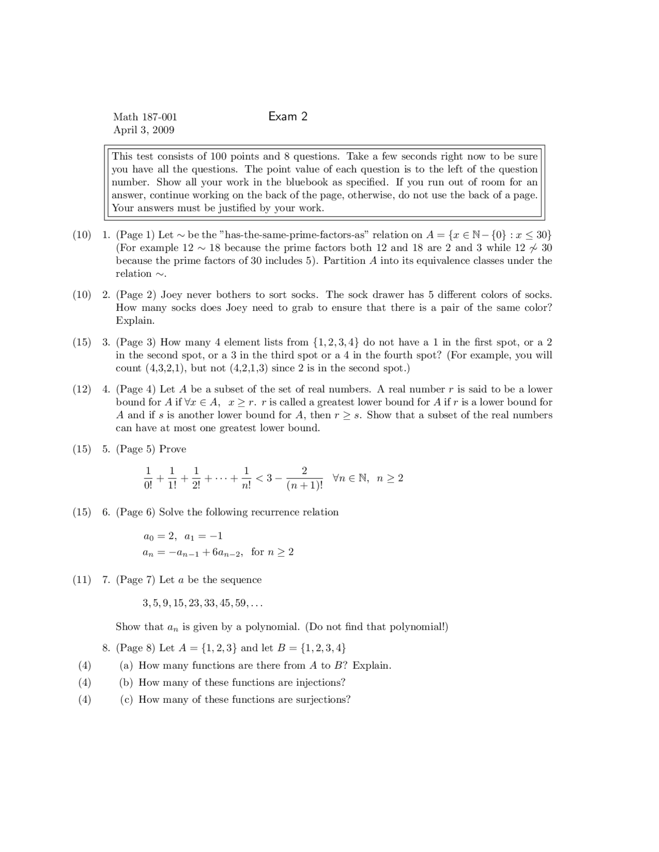 Exam 2 For Discrete And Foundational Mathematics I Math 187 Exams