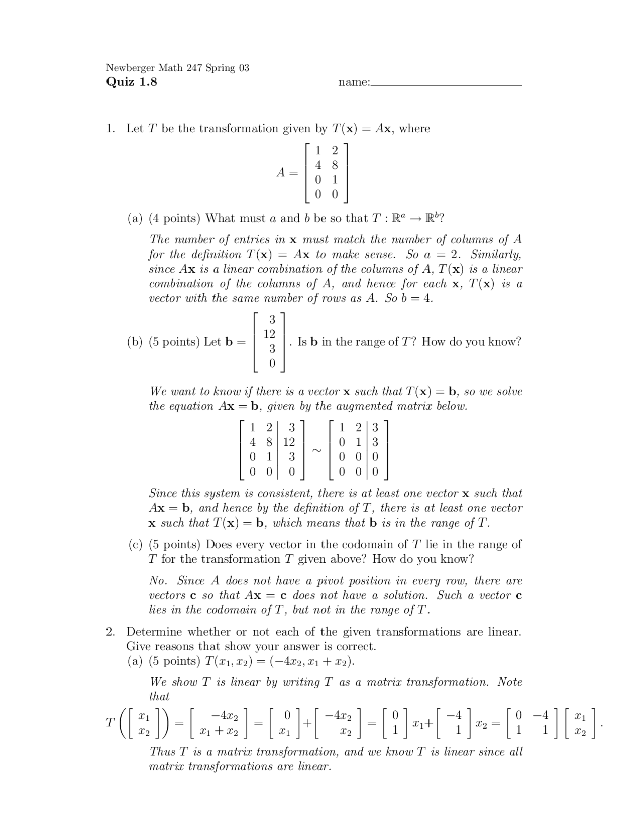 Quiz 18 For Introduction To Linear Algebra Math 247 Docsity