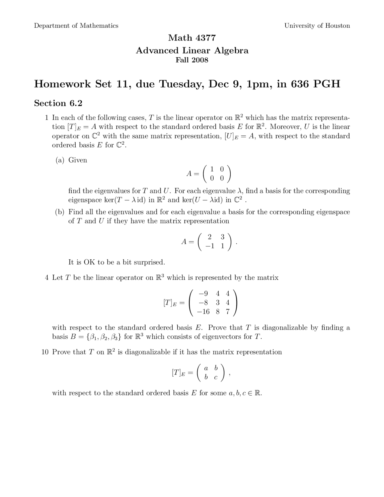 3 Problems On Advanced Linear Algebra Assignment 11 Math 4377 Docsity