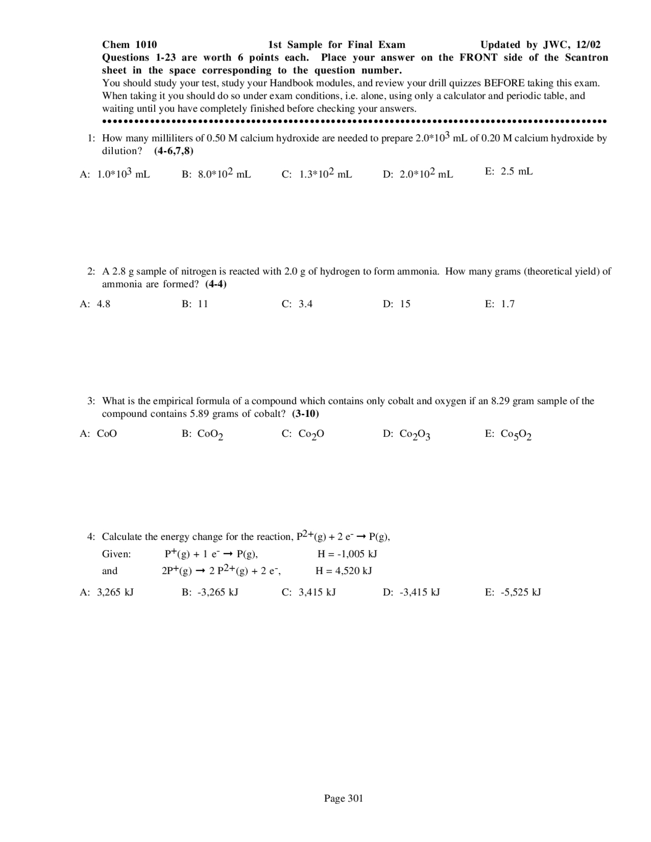 82 Questions On General Chemistry I Sample For Final Exam Chem 1010