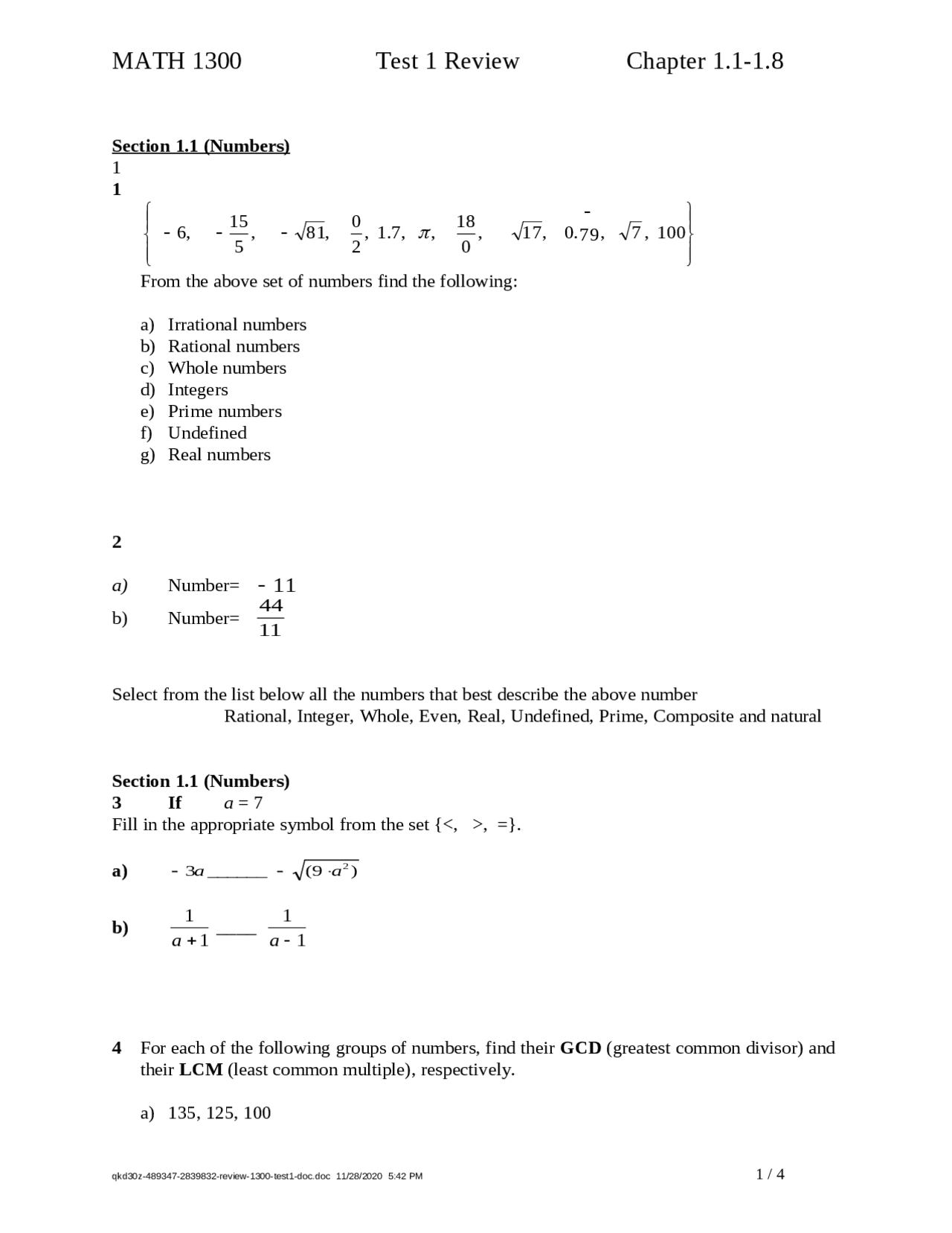 15 Questions on Fundamentals of Math - Exam 1 | MATH 1300 | Exams ...