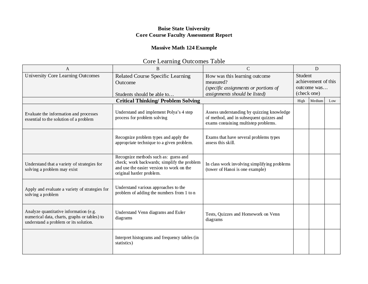 Core Course Faculty Assessment Report - Handout | MATH 124 - Docsity