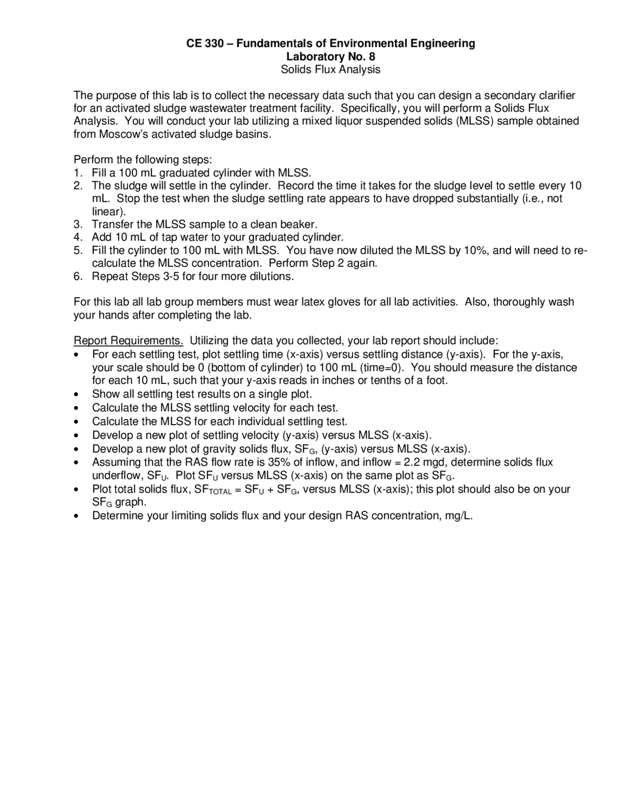 Lab 8 Solids Flux Analysis - Fundamentals of Environmental Engineering ...