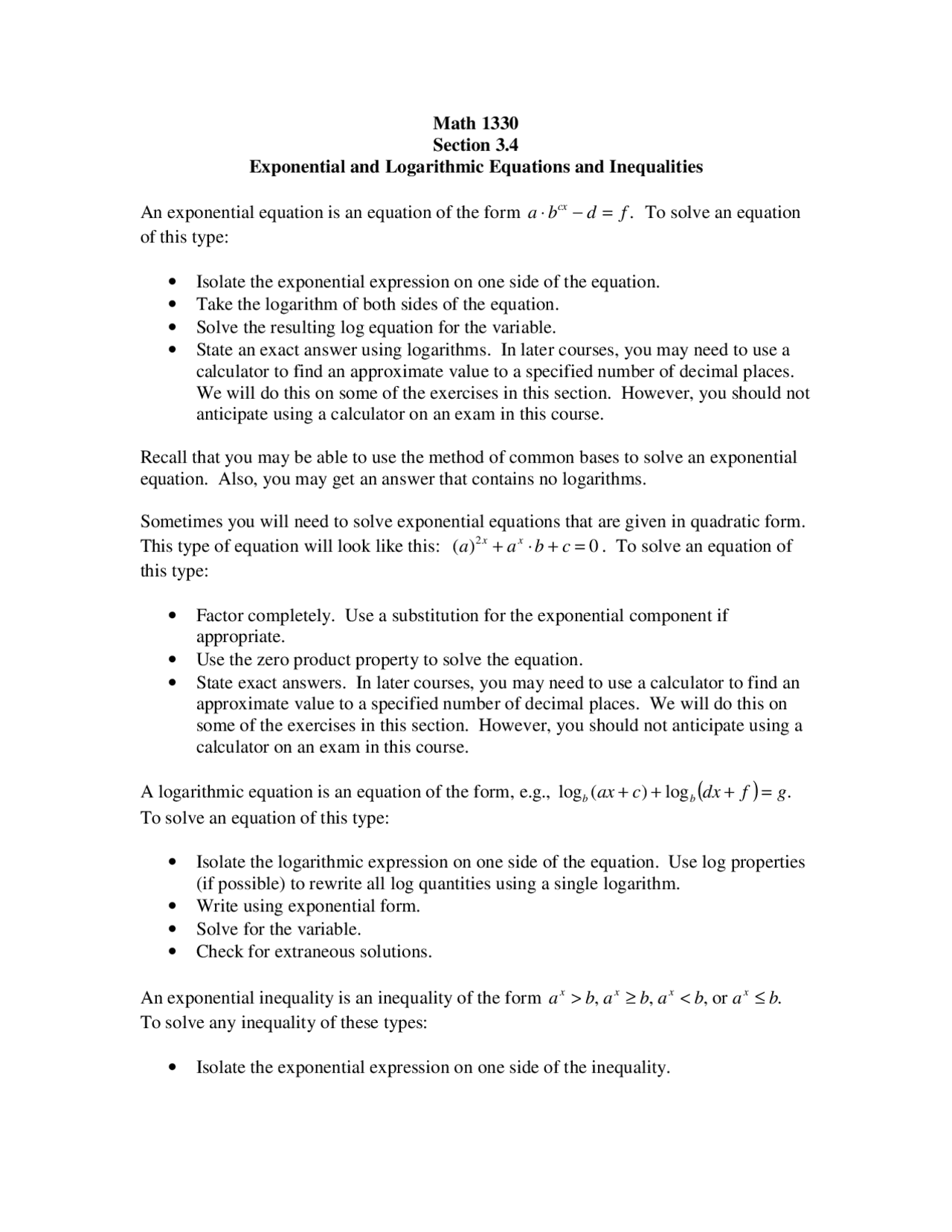 Exponential and Logarithmic Equations and Inequalities | MATH 1330 ...