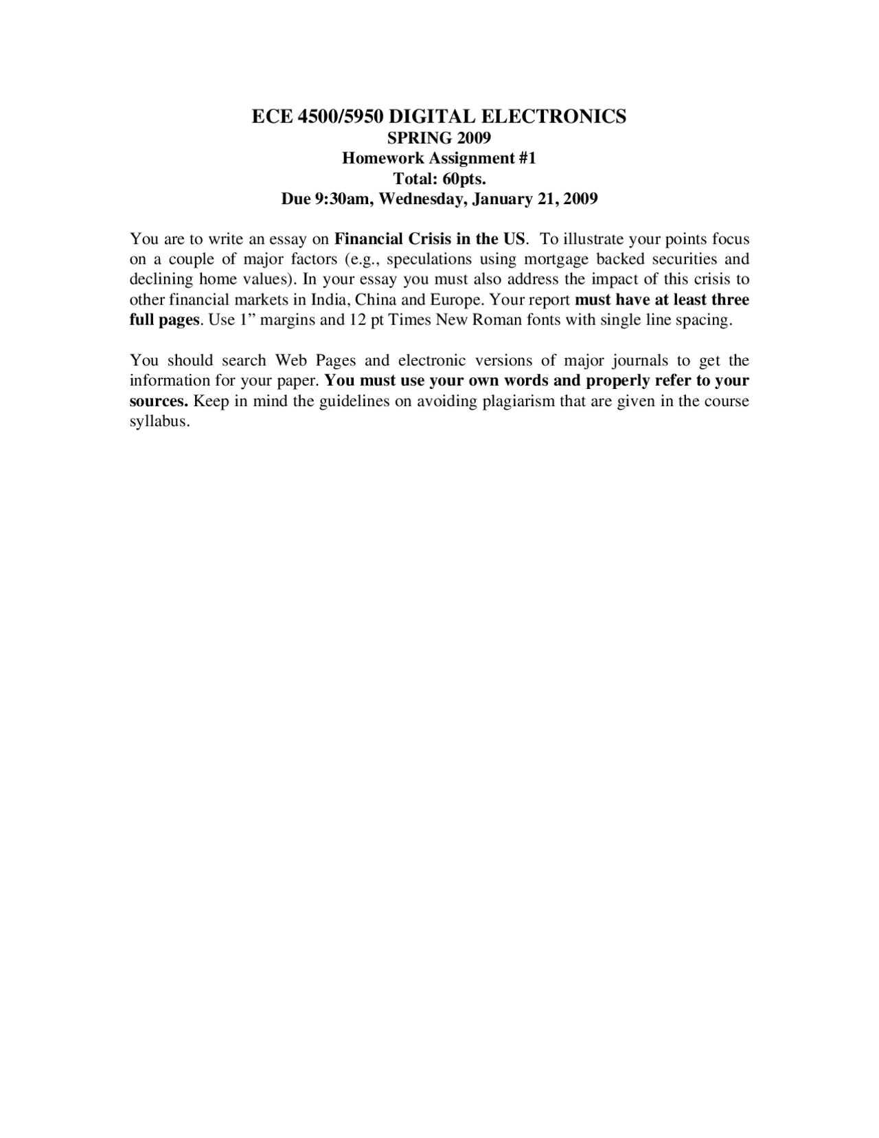 Digital Electronics: Financial Crisis in the US - Assignment 1 | ECE 4500 - Docsity