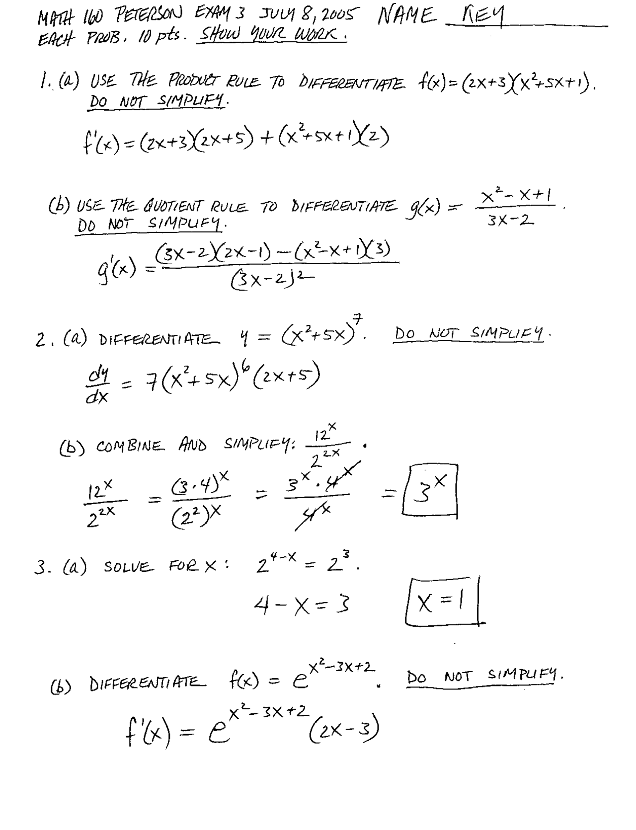 Exam 3 with Solution - Survey of Calculus | MATH 160 | Exams Calculus ...