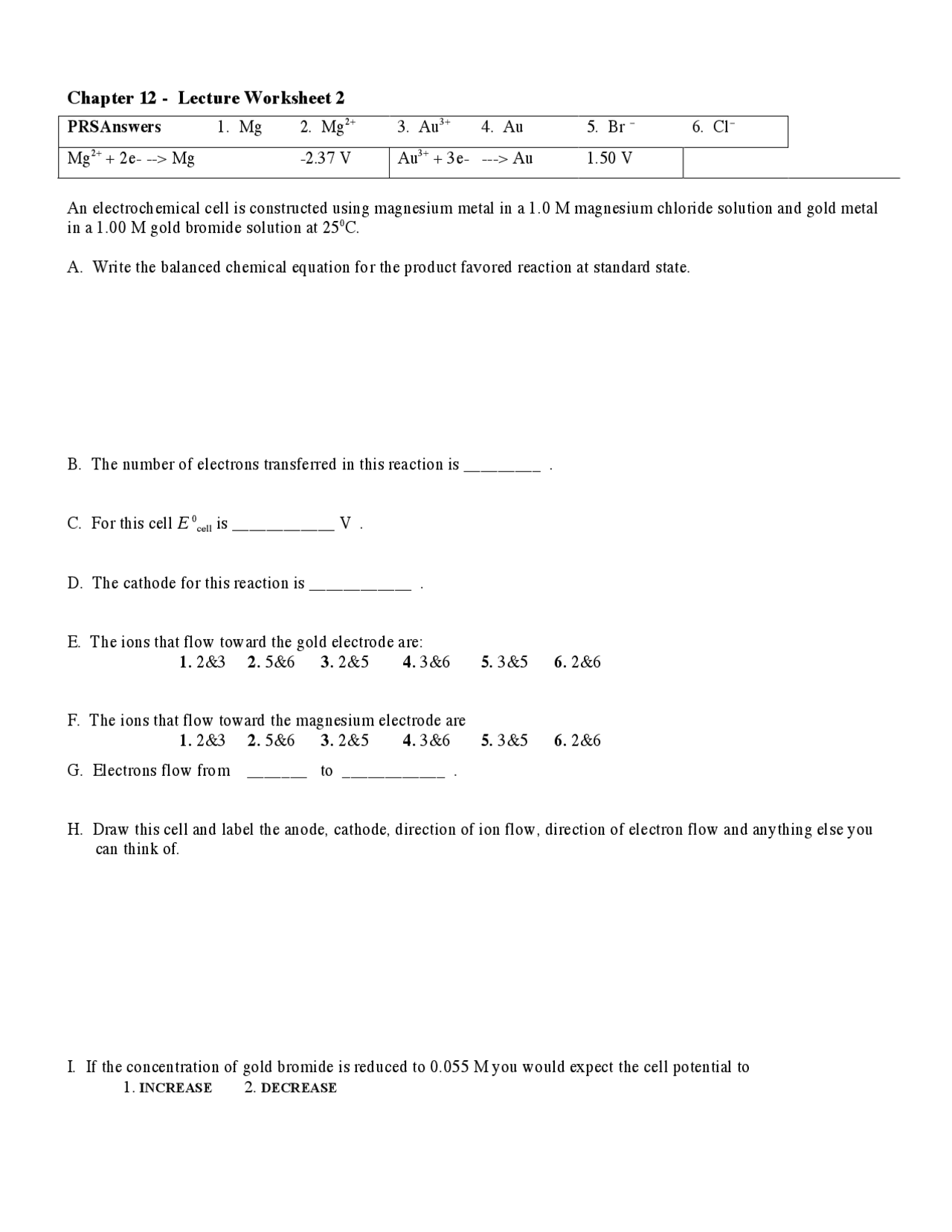 Questions For Worksheet 2 General Chemistry Chem 122 Docsity