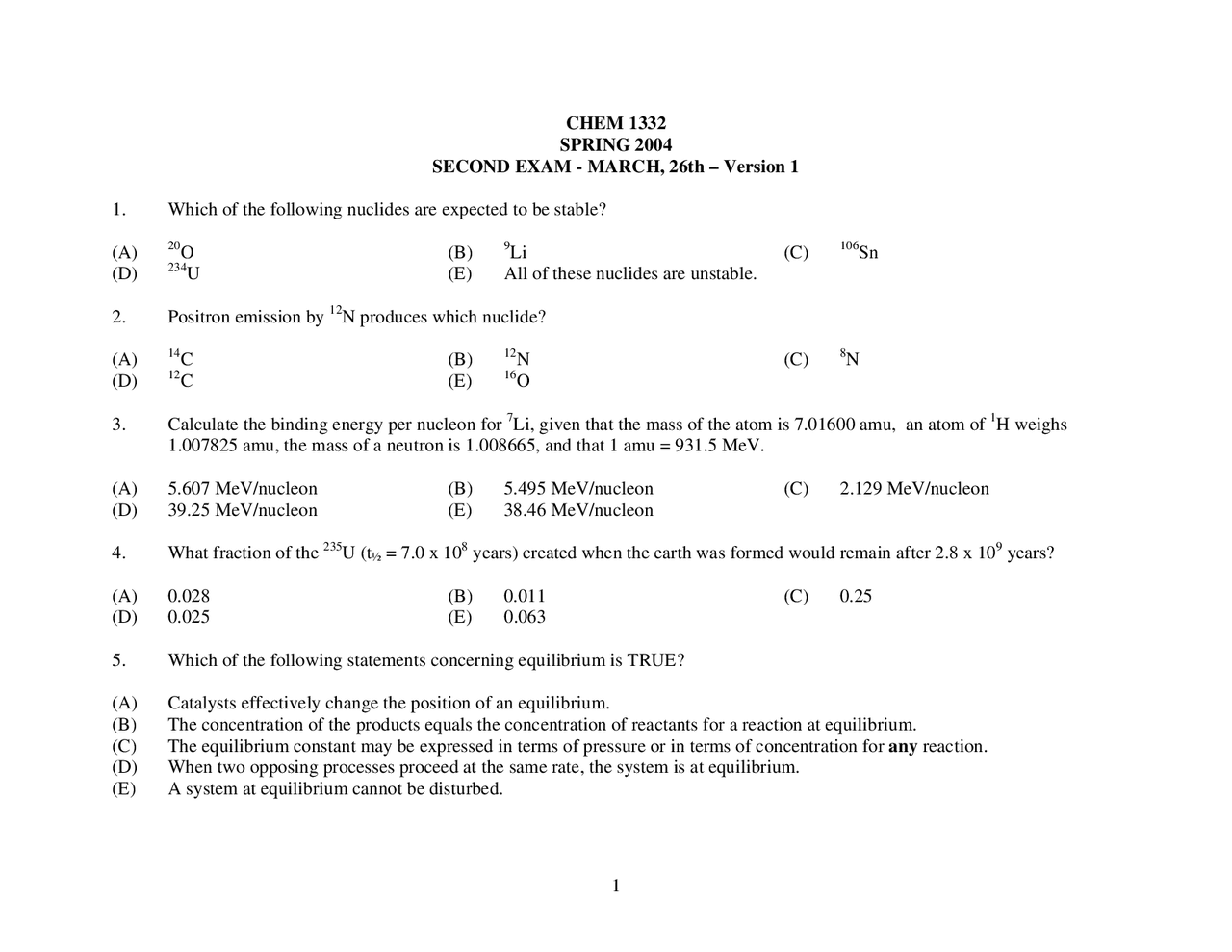 20 Multiple Choice Questions Exam 2 Fundamentals Of Chemistry