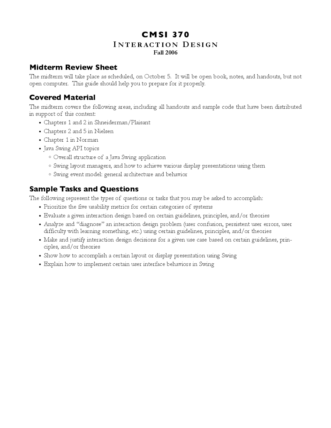 Midterm Review Sheet Interaction Design Cmsi 370 Docsity