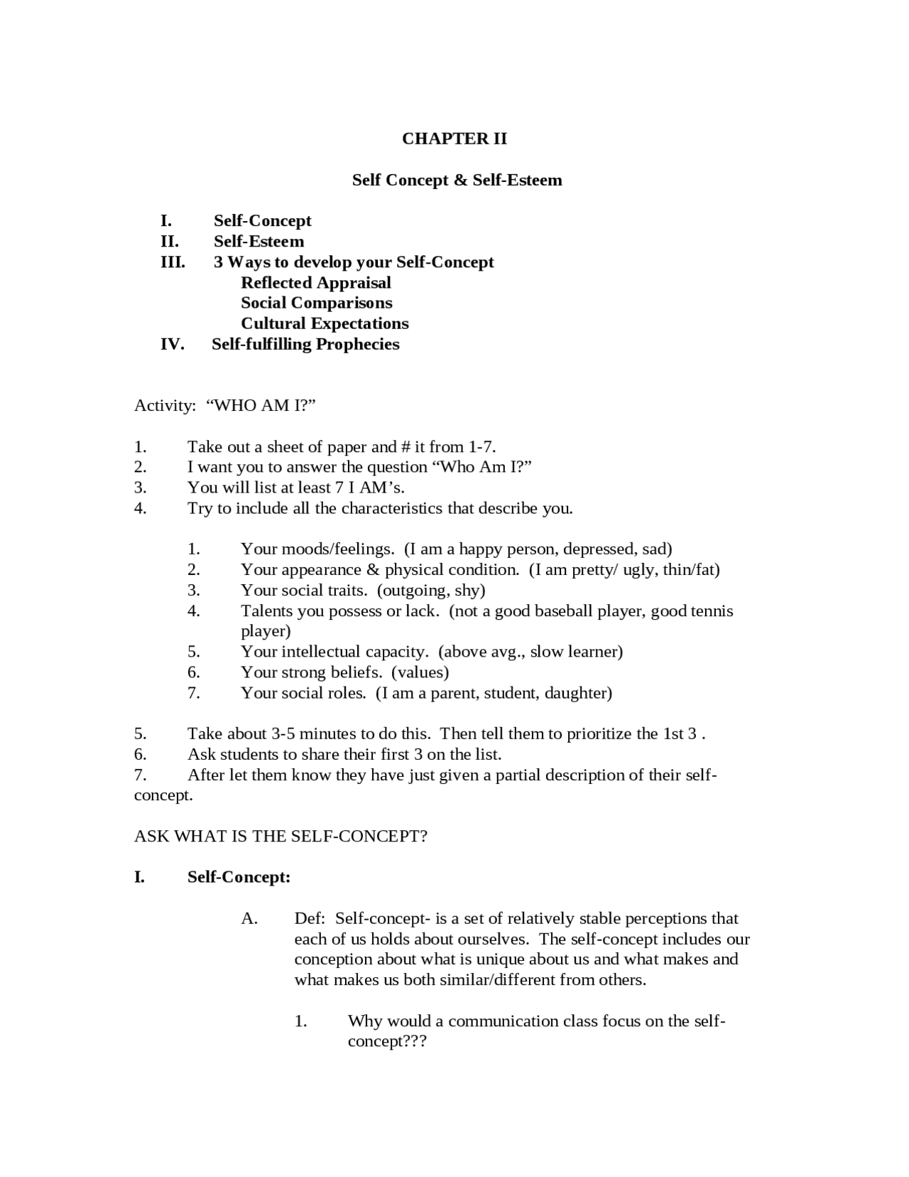 Self Concepts And Self Esteem Lecture Notes Hcom 100 Papers Communication Docsity