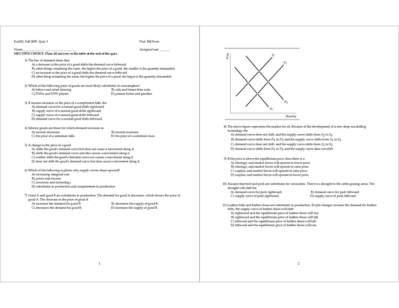 Sample Quiz 3 With Answer Key Principles Of Microeconomics Eco 201