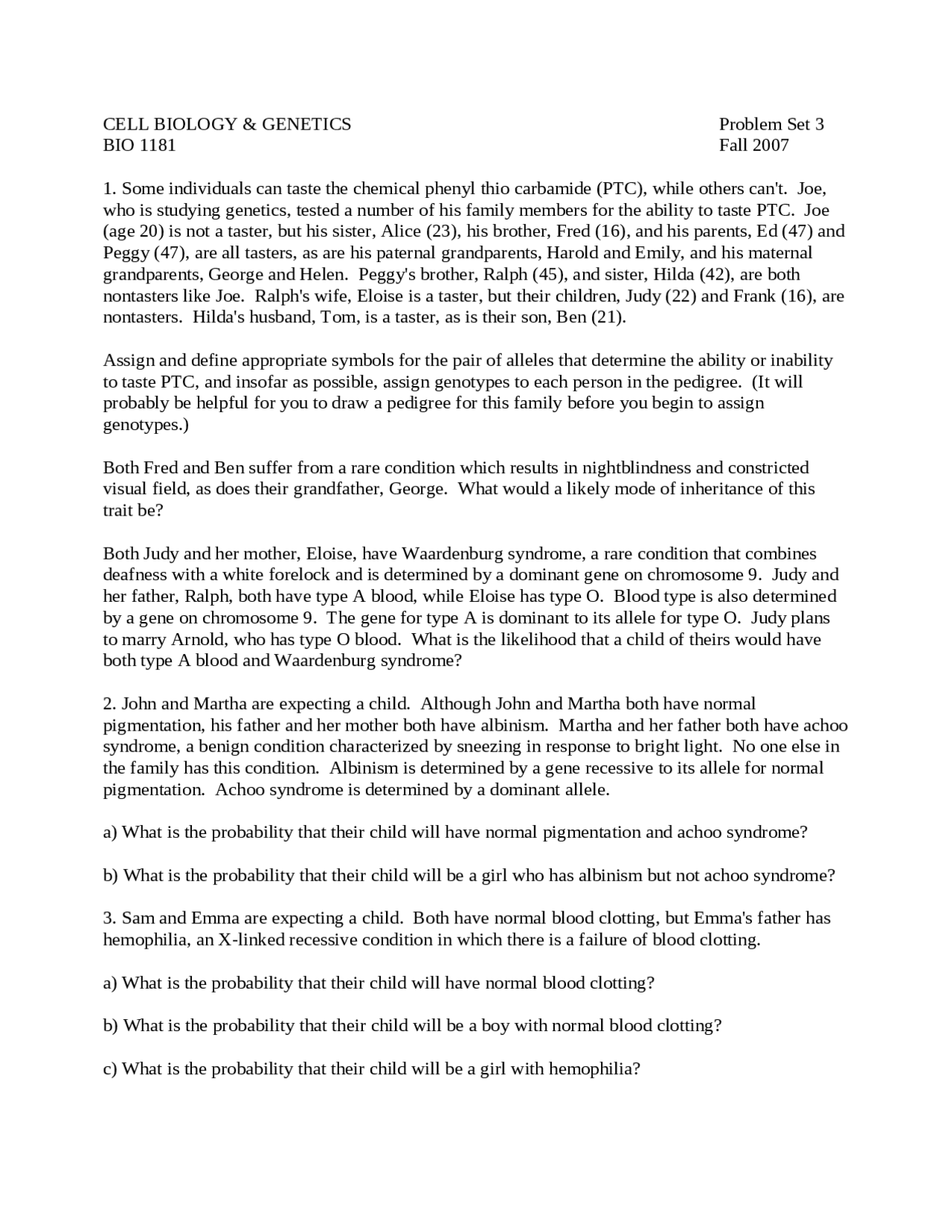Problem Set #3 - Cell Biology and Genetics | BIO 1181 - Docsity