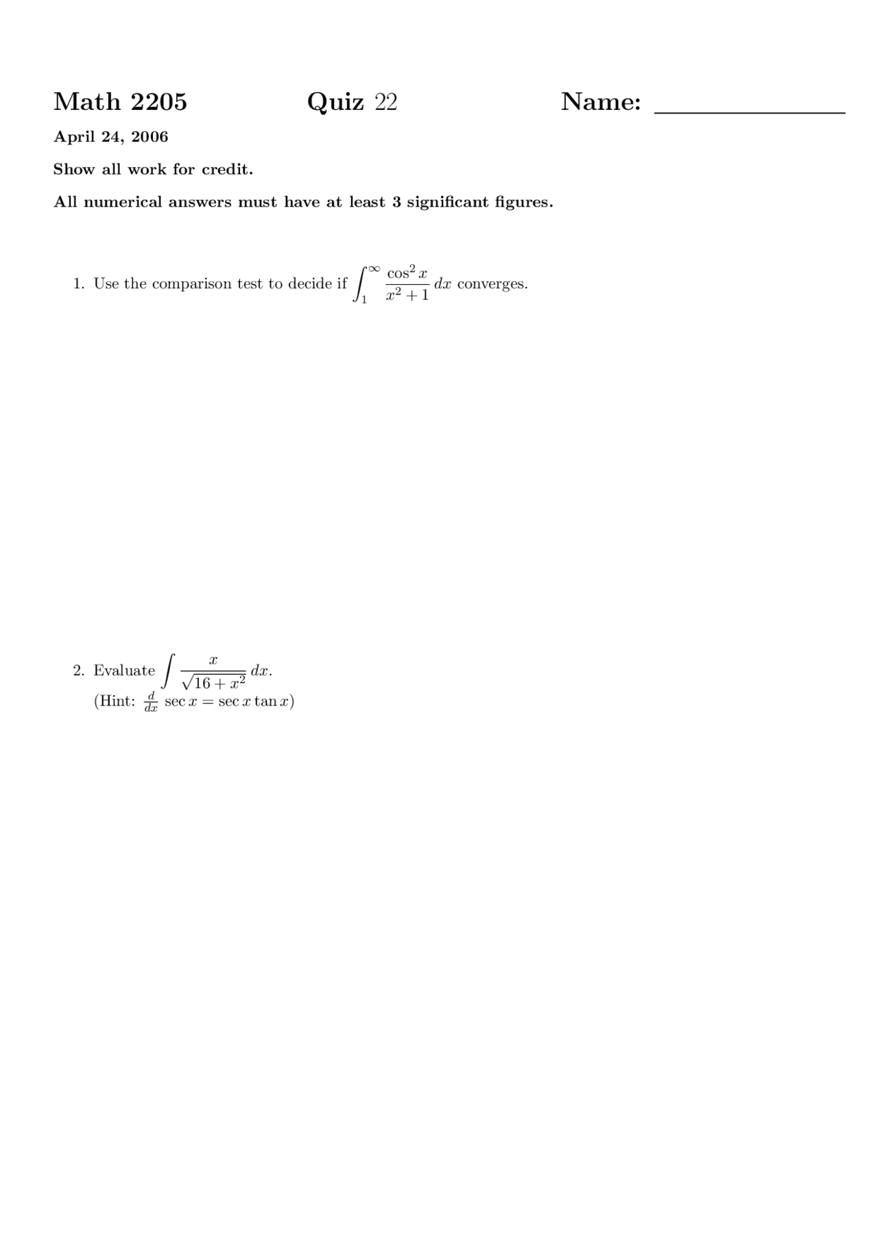 2 Practice Question of Quiz 22 - Calculus II | MATH 2205 - Docsity