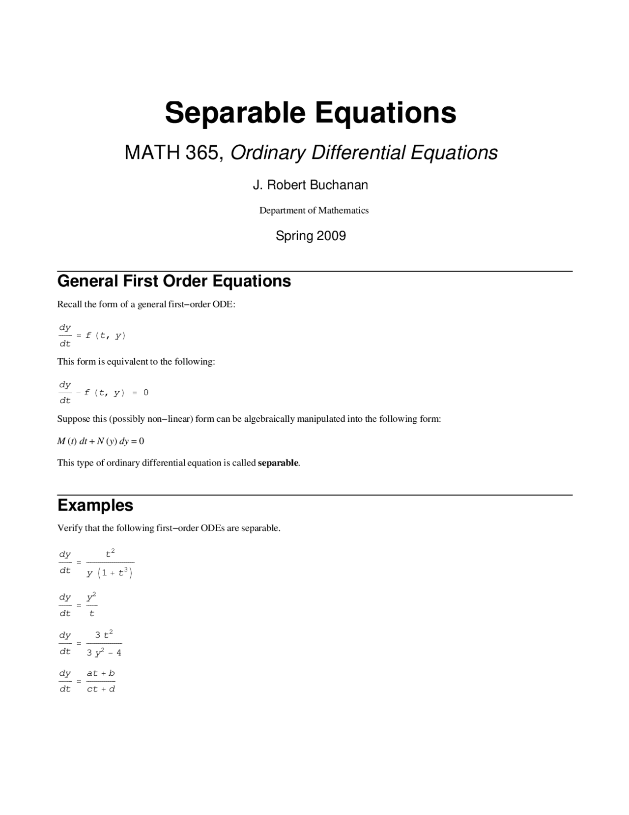 Notes on Separable Equations - Ordinary Differential Equation | MATH ...