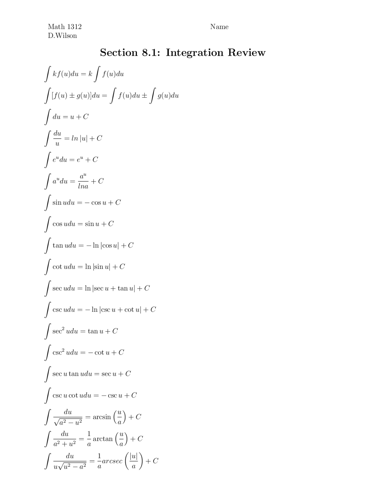Review Sheet for Integration - Calculus II | MATH 1312 | Study notes ...
