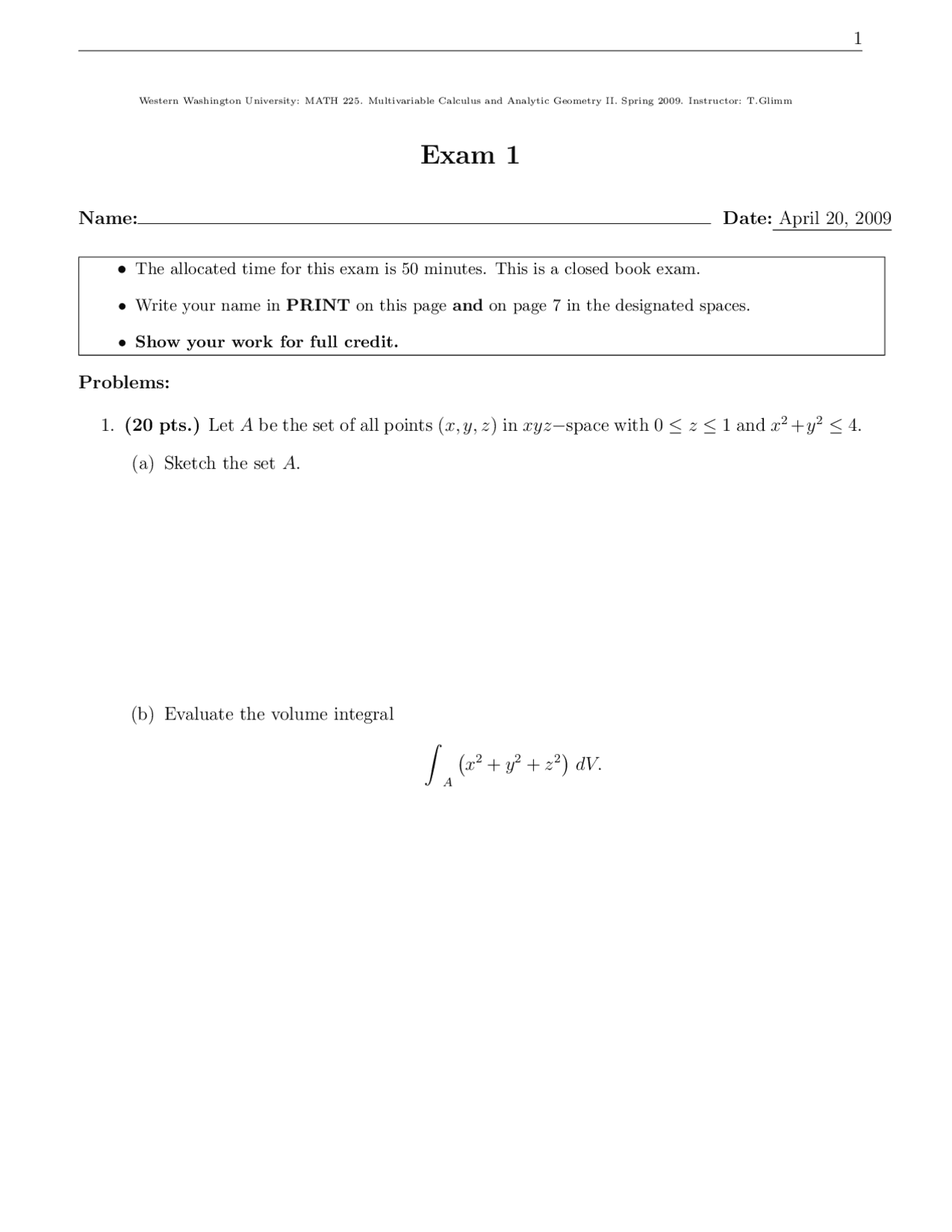 5 Problems For Old Exam 1 Multivariable Calculus And Geometry Ii