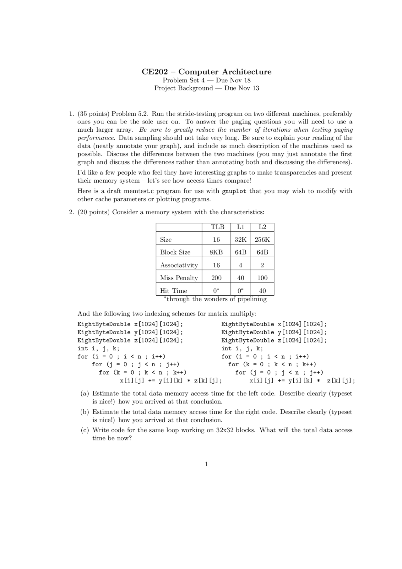 Computer Architecture Problem Set 4 Cmpe 202 Docsity