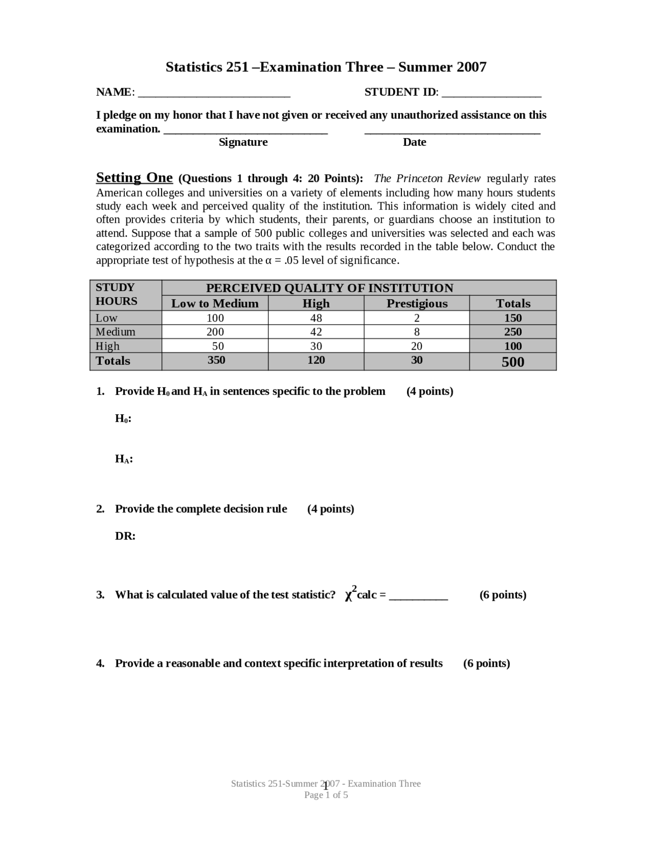 Exam 3 Statistical Methods 2007 Stat 251 Docsity