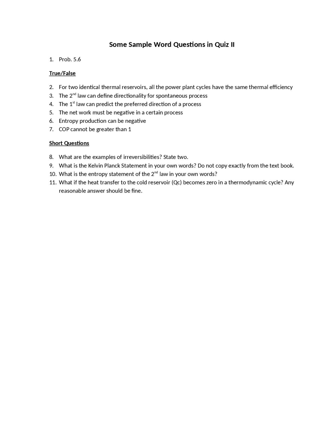 Sample Questions In Quiz 2 Thermodynamics I Meen 2210 Docsity
