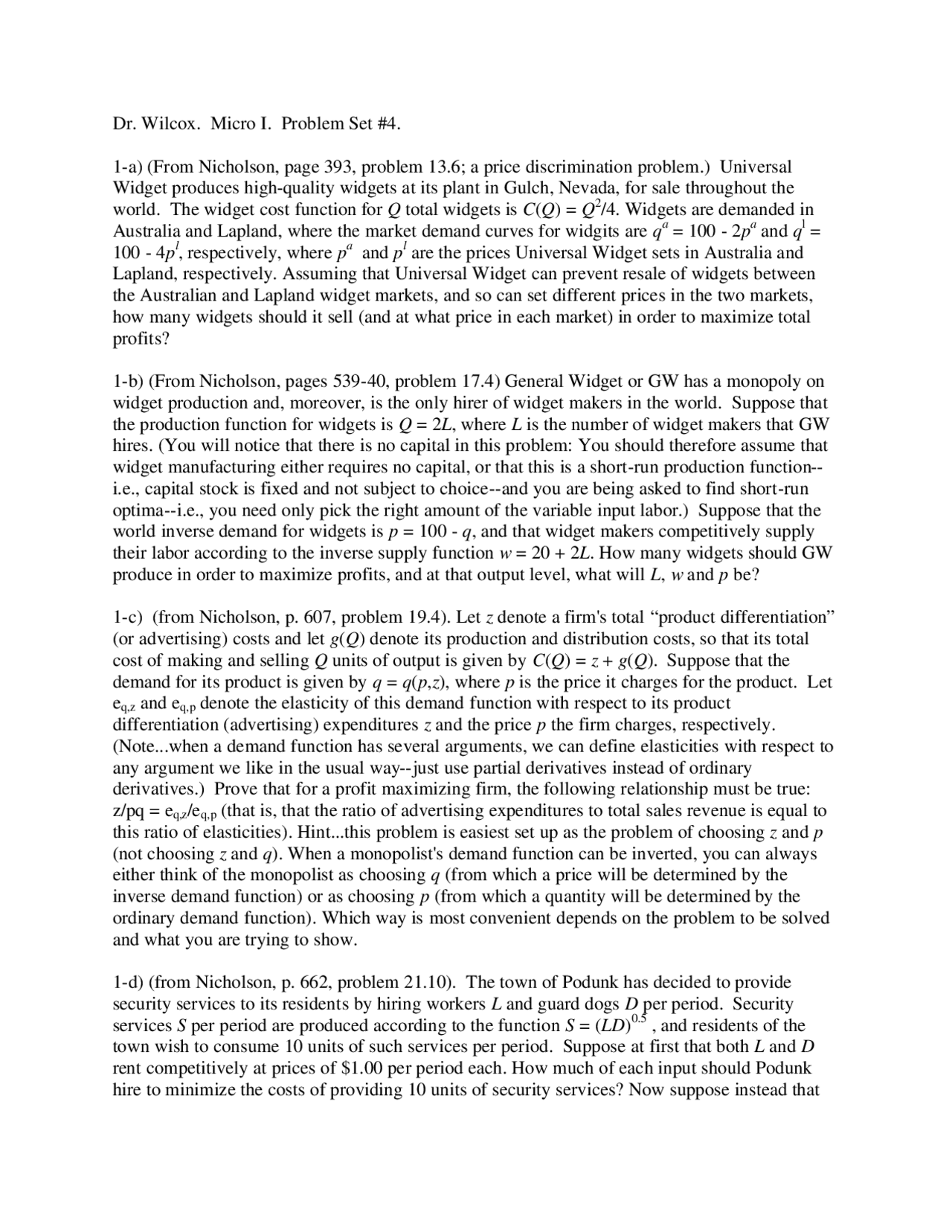 Problems Of Microeconomic Theory I Assignment 4 Econ 6342 Docsity