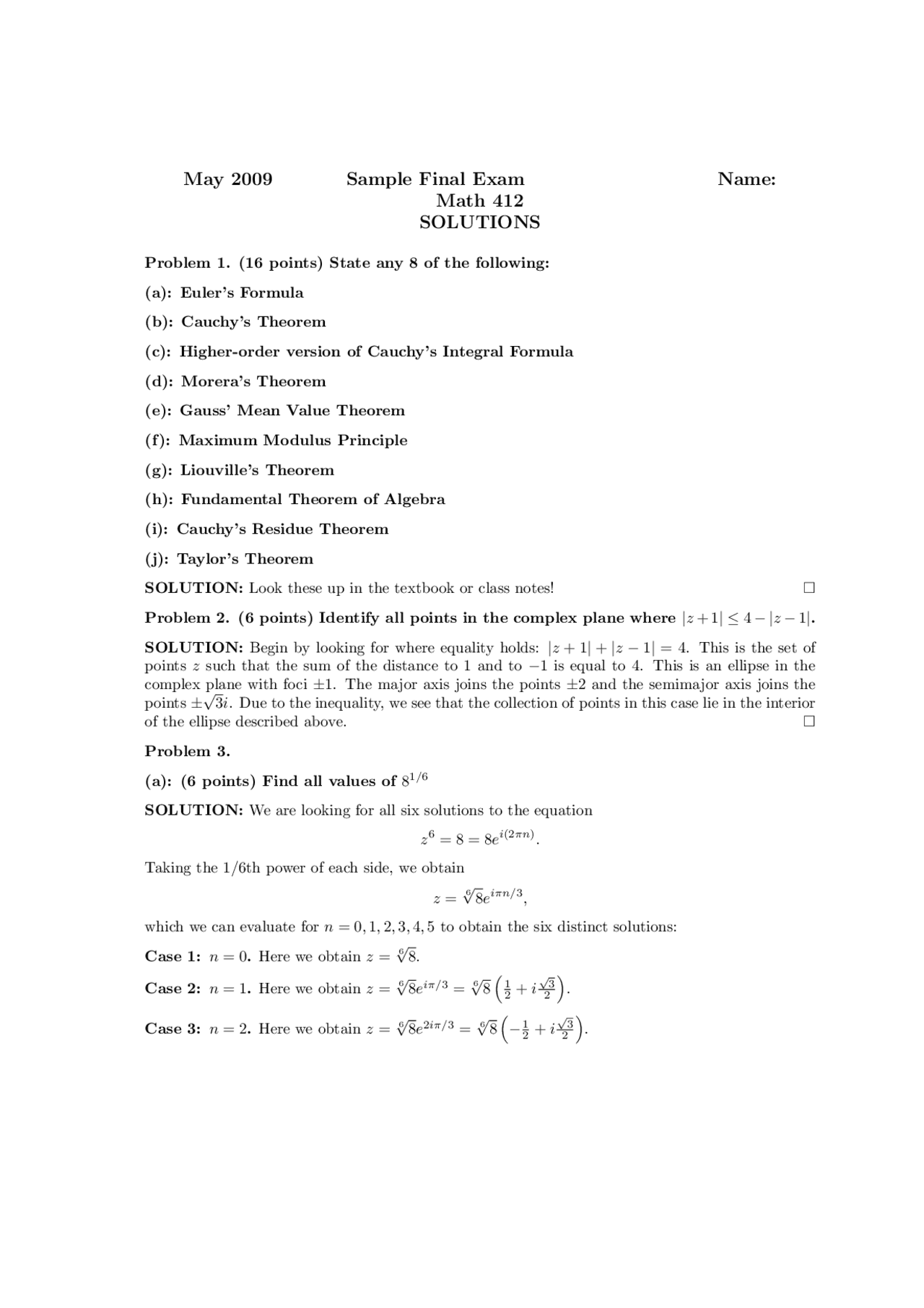 11 Solved Problems On Eulers Formula In Complex Analysis Final Exam Math 412 Docsity