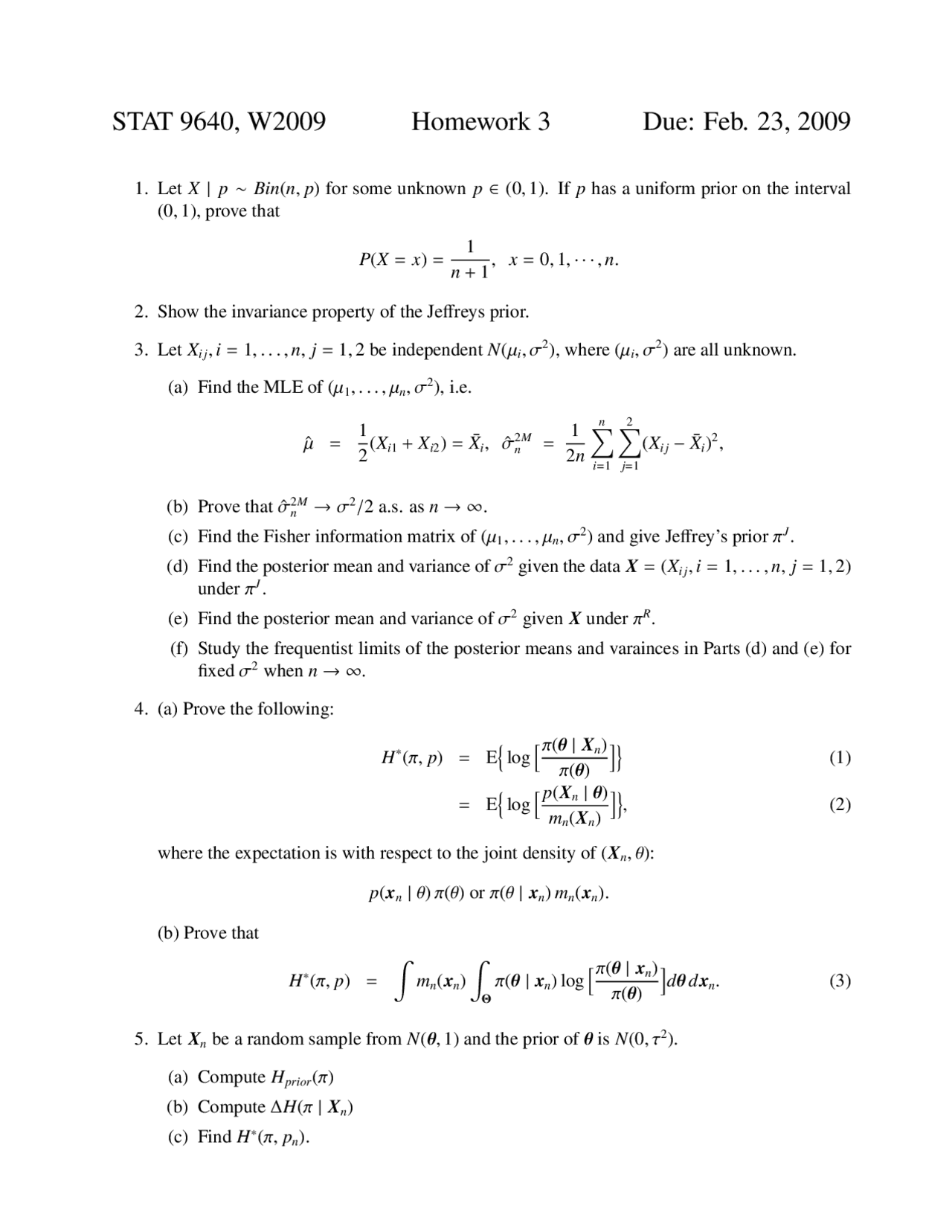 Bayesian Analysis II - Homework III Questions Unsolved | STAT 9640 - Docsity