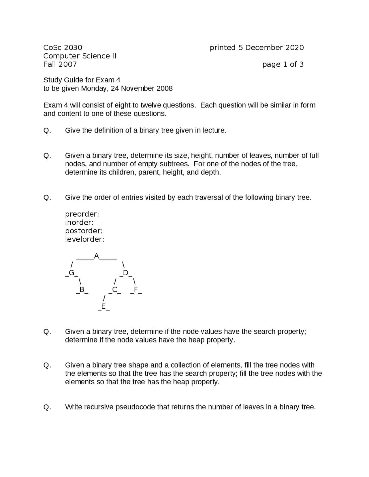 Introduction To Binary Trees On Computer Science Exam 2 Cosc 2030
