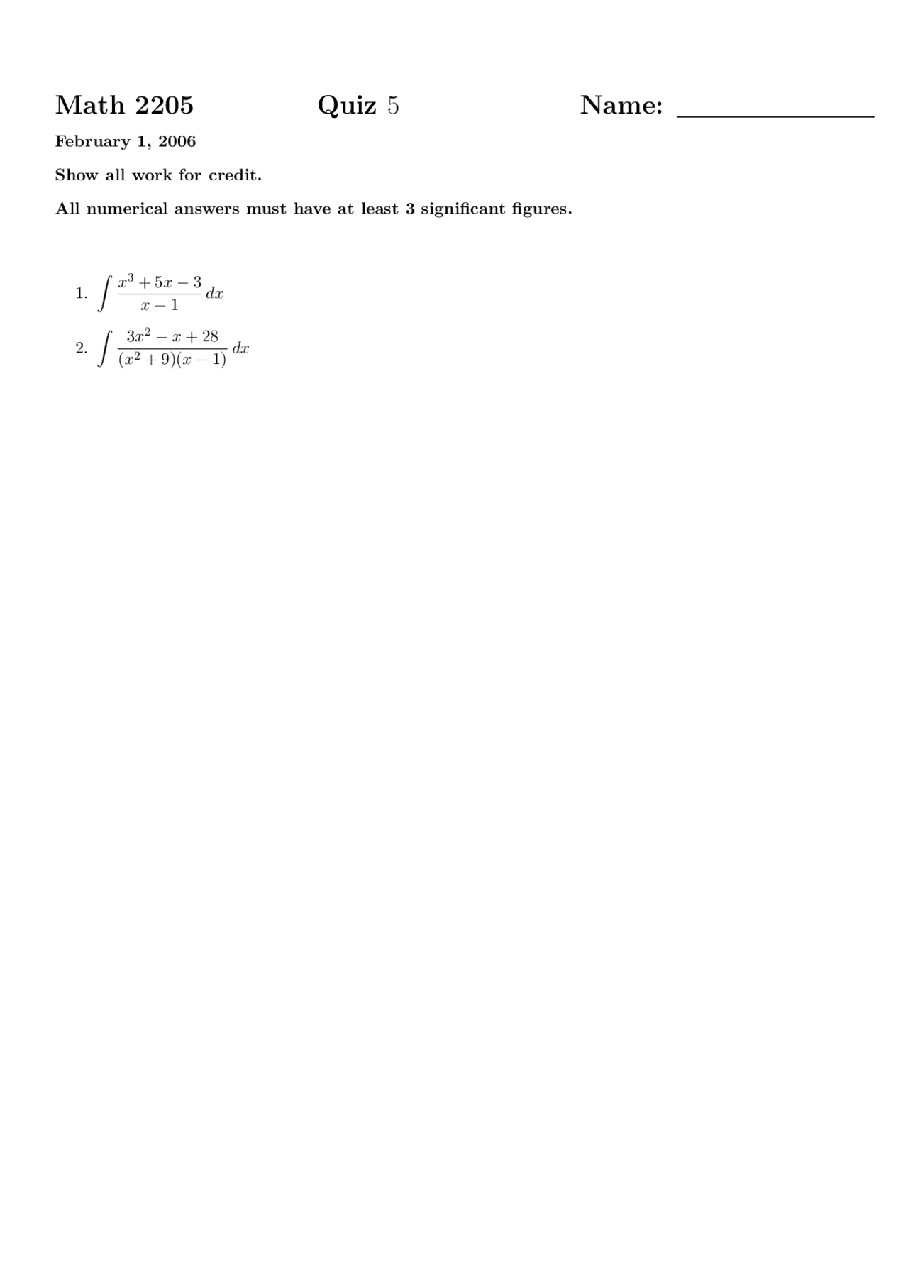 Calculus Ii Practice Quiz 5 Questions Math 2205 Docsity