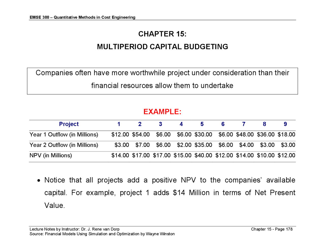Multi Period Capital Budgeting Lecture Slides Emse 388 Docsity