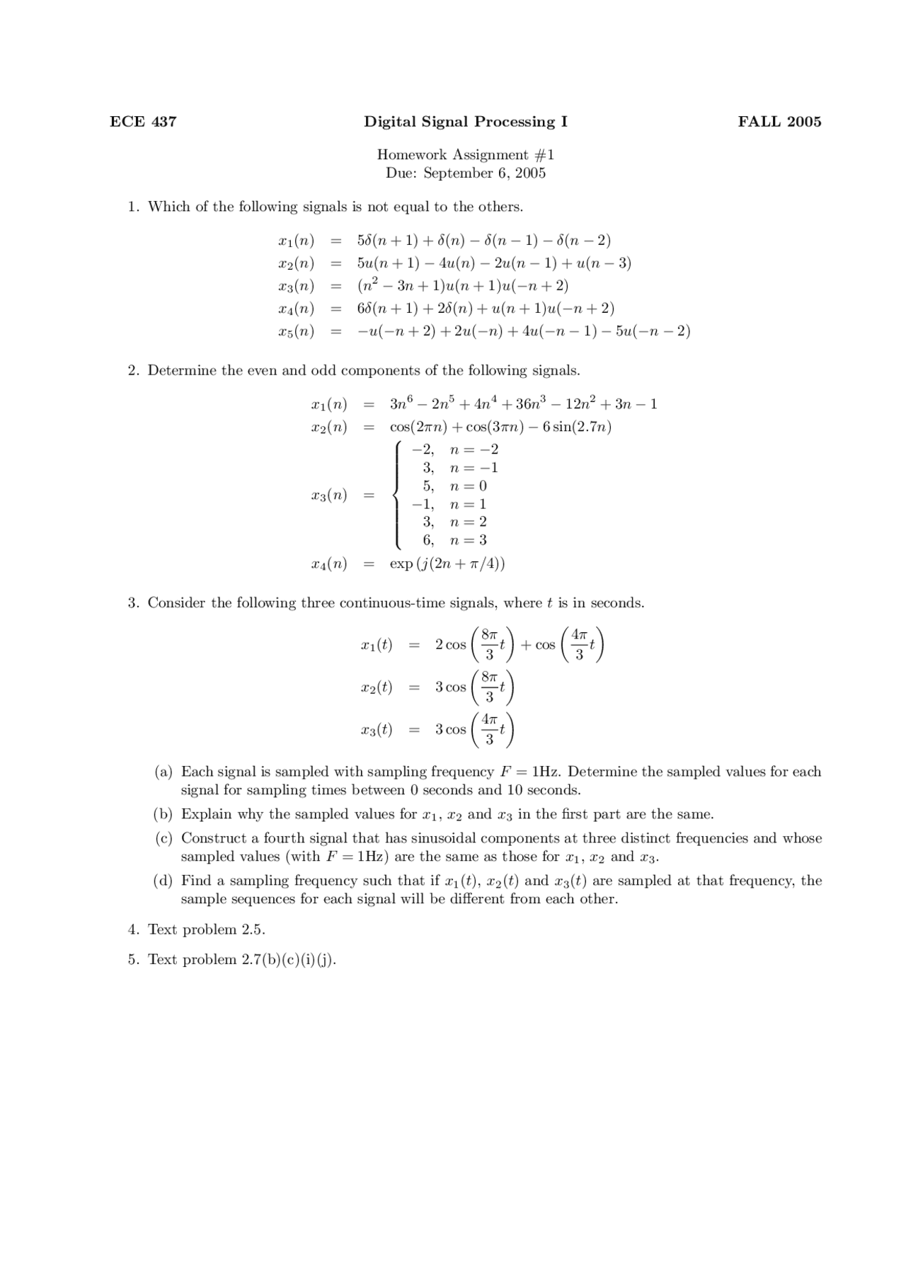 Digital Signal Processing I Homework Assignment For Ece 437 Fall 2005 Assignments Digital
