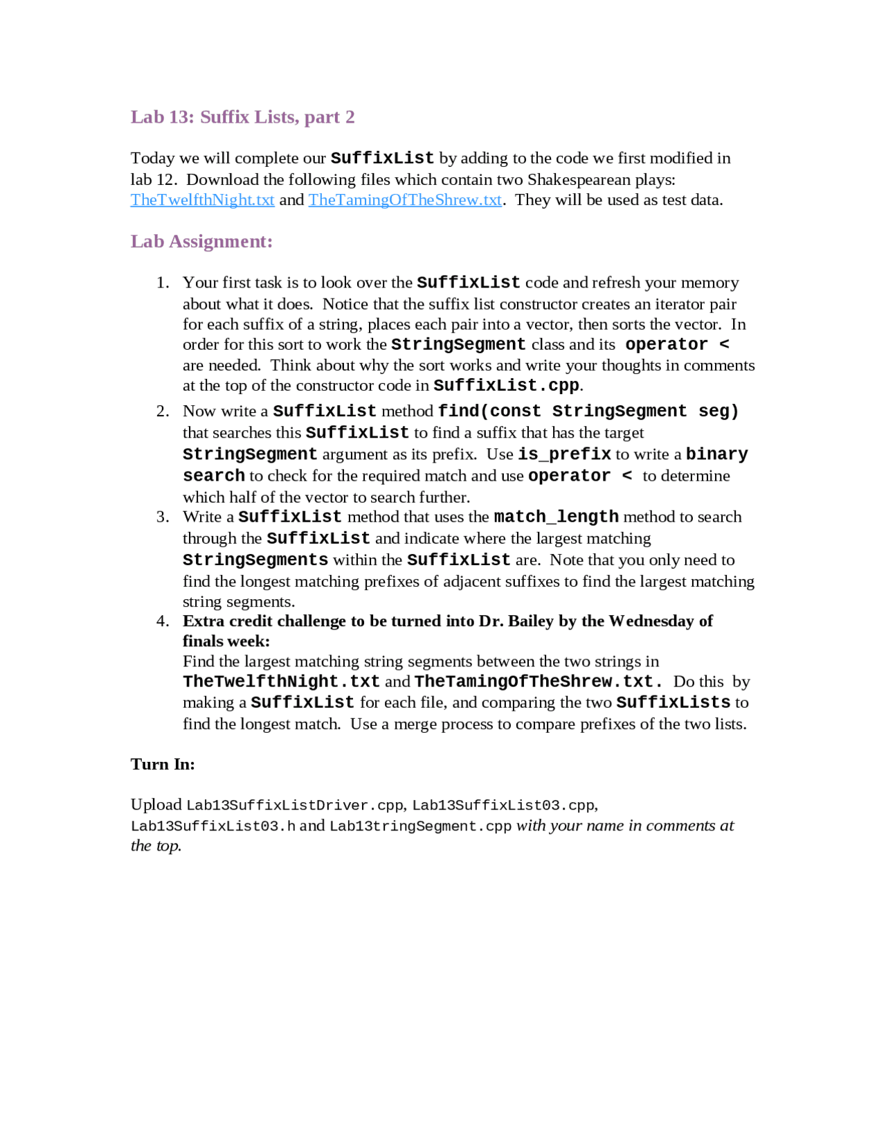Computer Science Ii Suffix Lists Part 2 Lab 13 Cosc 2030 Docsity