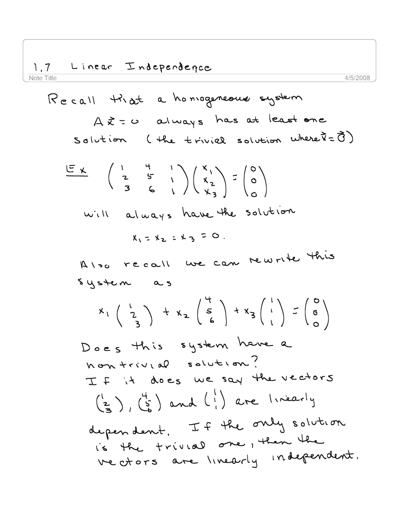 Handwritten Notes On Linear Independence Math 221 Docsity