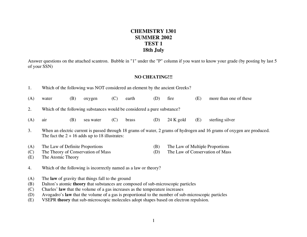 20 Questions on the Dalton's Atomic Theory - Test 1 | CHEM 1301 - Docsity