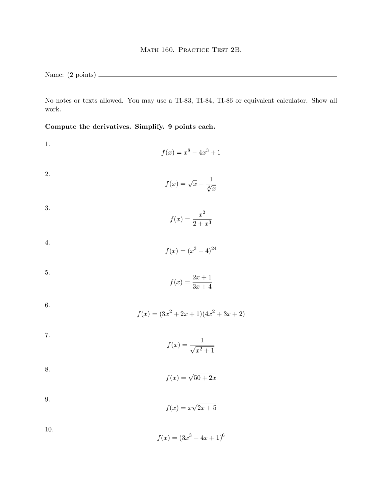 Math 160 Practice Test 2B: Derivatives and Tangent Lines | Exams ...