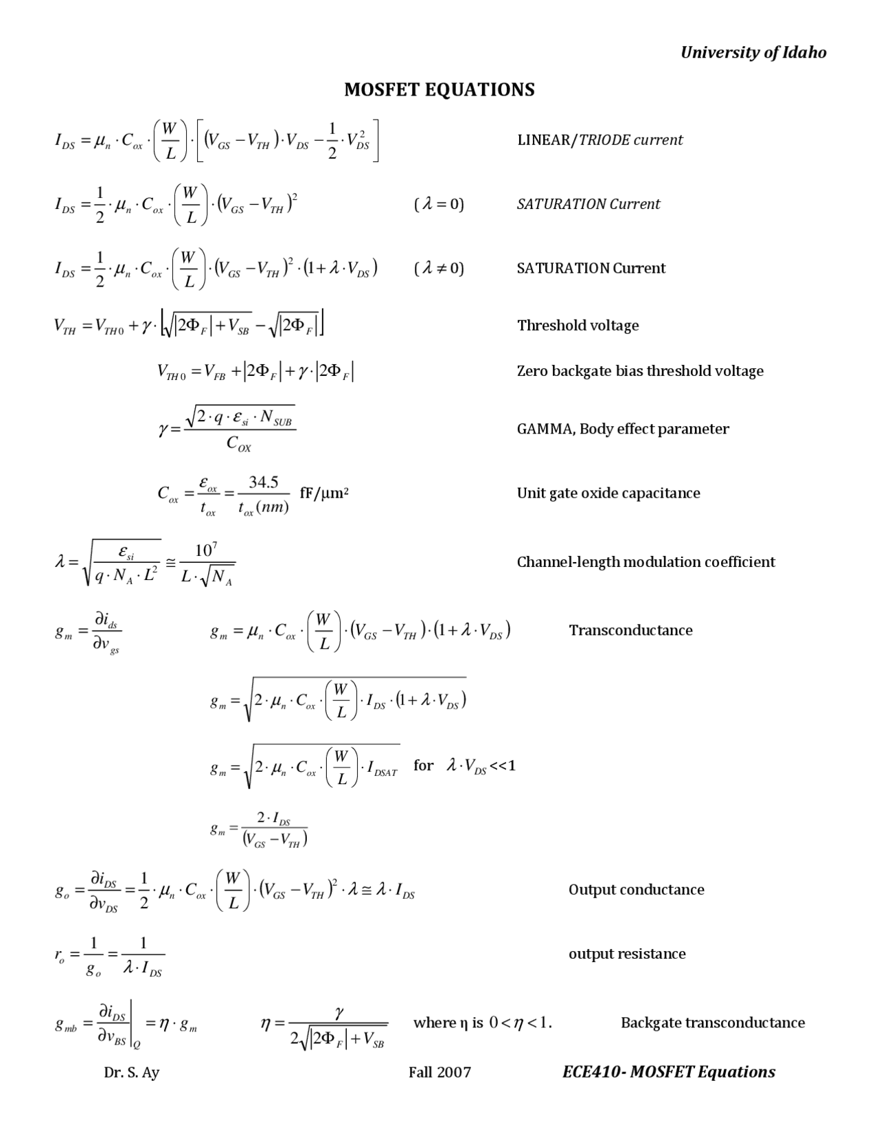 Crib Equations for Advanced Electronics | ECE 410 | Study notes ...