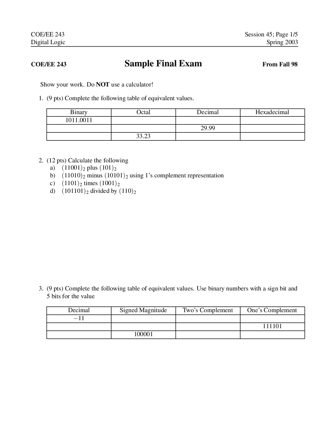 Sample Questions for Final Exam - Digital Logic | ECE 240 - Docsity
