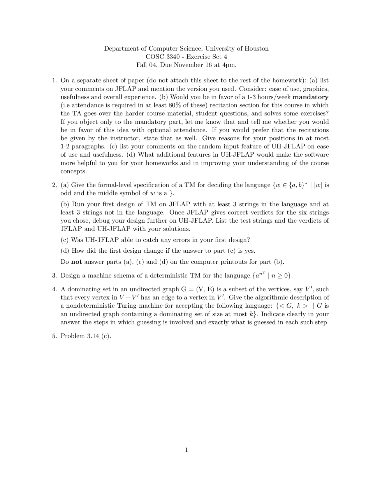 Exercise Set 4 - Introduction to Theory of Computation | COSC 3340 - Docsity