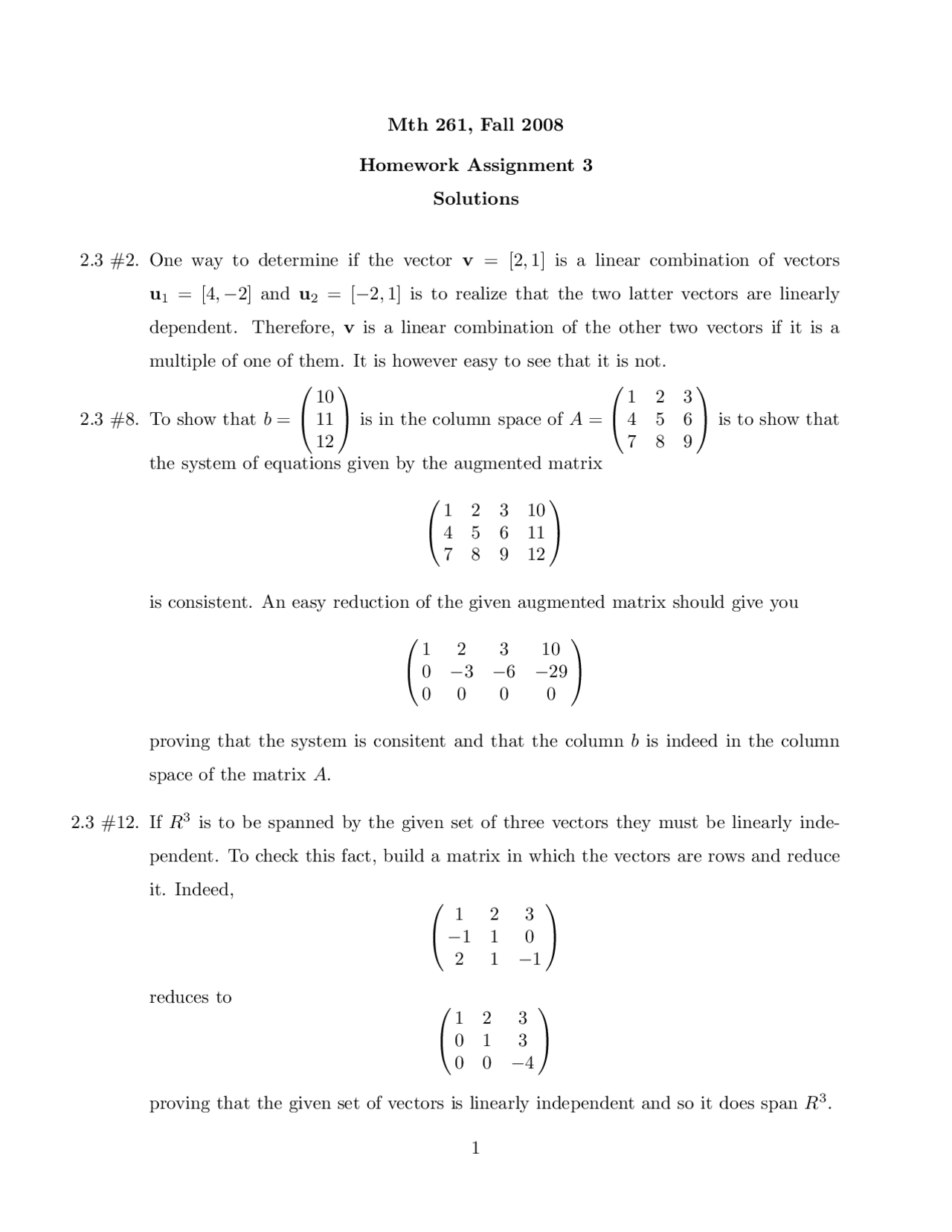 Solutions Of Homework 3 On Introduction To Linear Algebra Mth 261