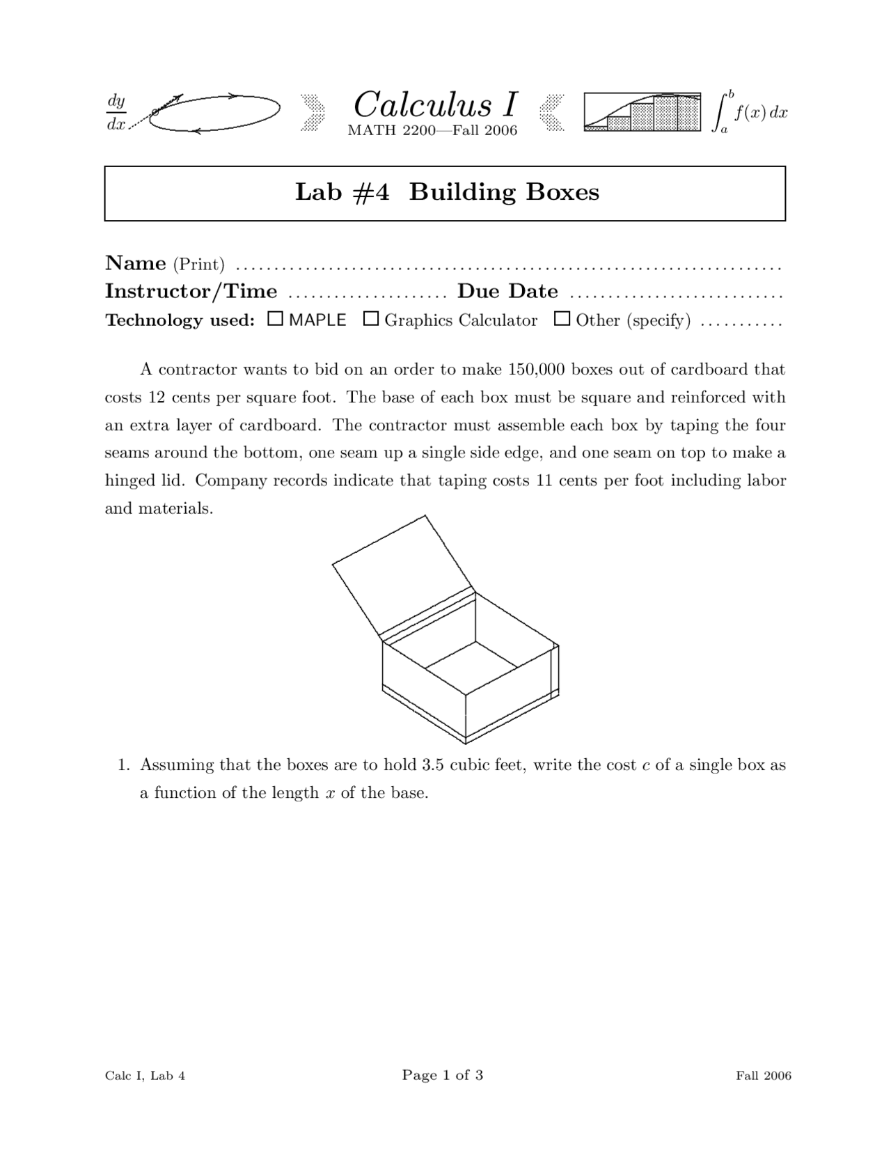Lab 4: Building Boxes - Calculus I - Fall 2006 | MATH 2200 - Docsity