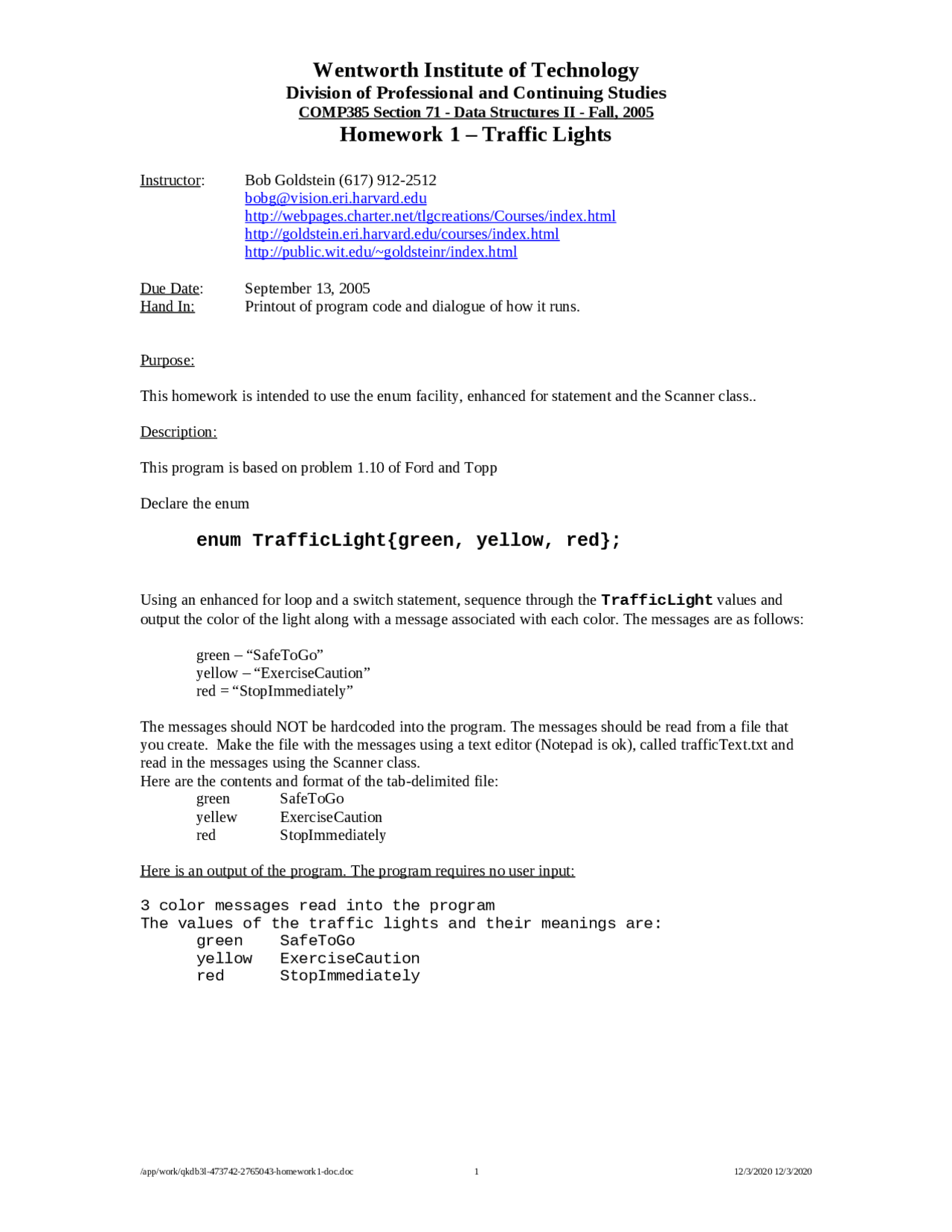 Assignment One On Traffic Lights Comp 385 Assignments Data Structures And Algorithms Docsity