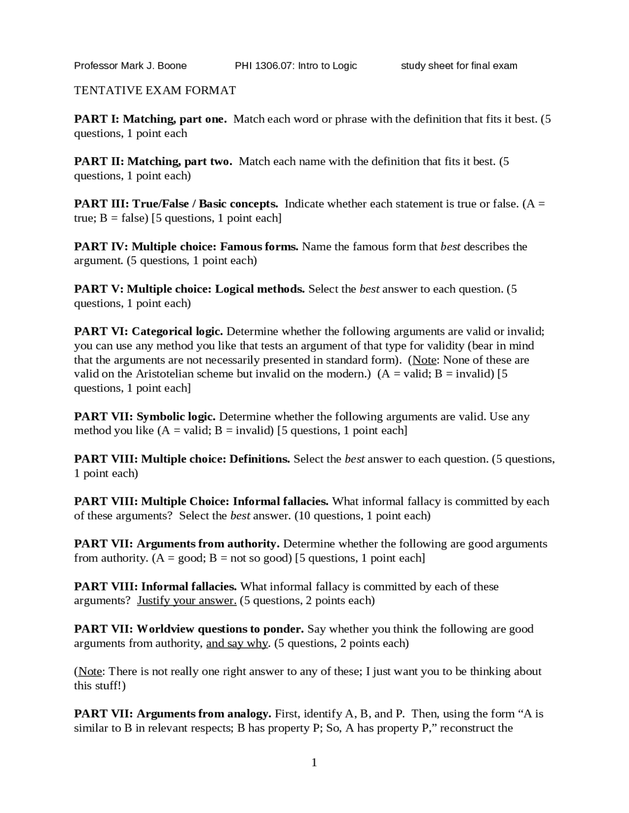 Study Sheet for Final Exam - Introduction to Logic | PHI 1306 - Docsity