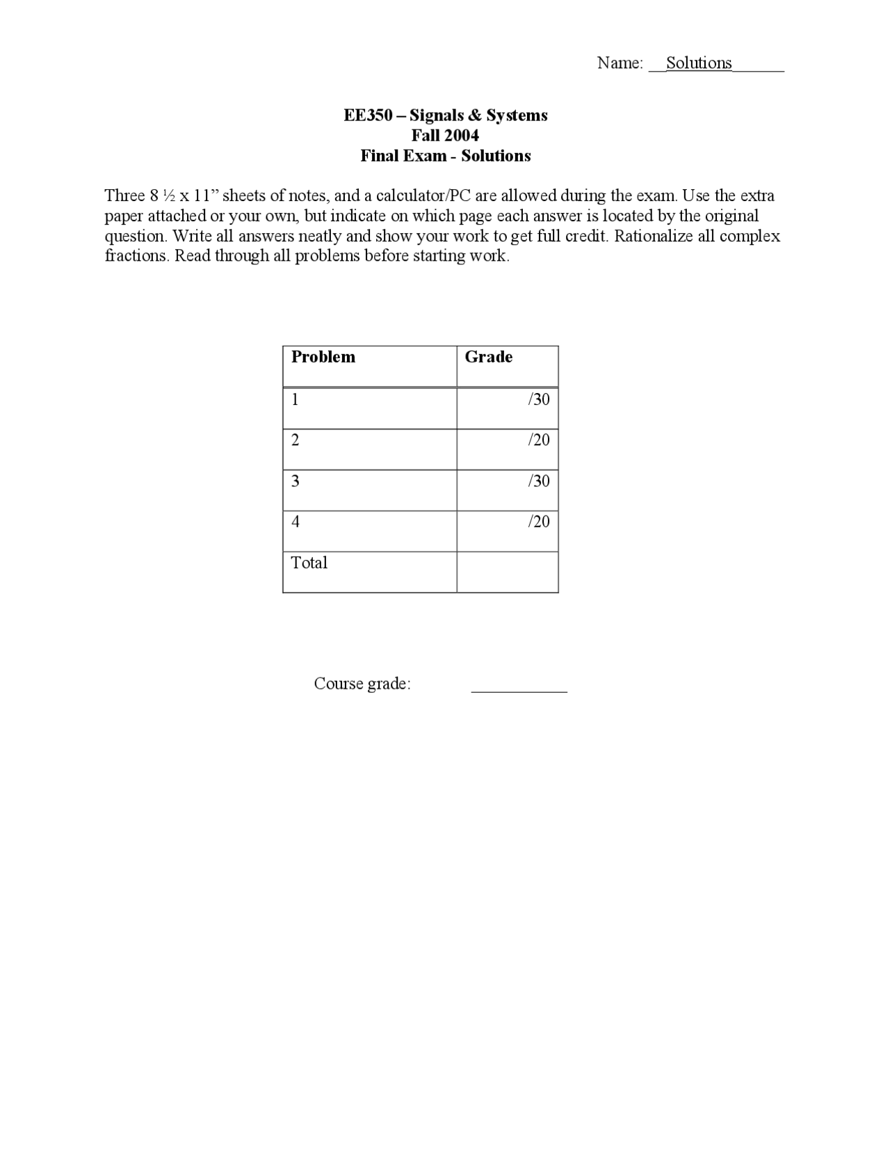 Final Exam With Solution Signals And Systems Ece 350 Exams