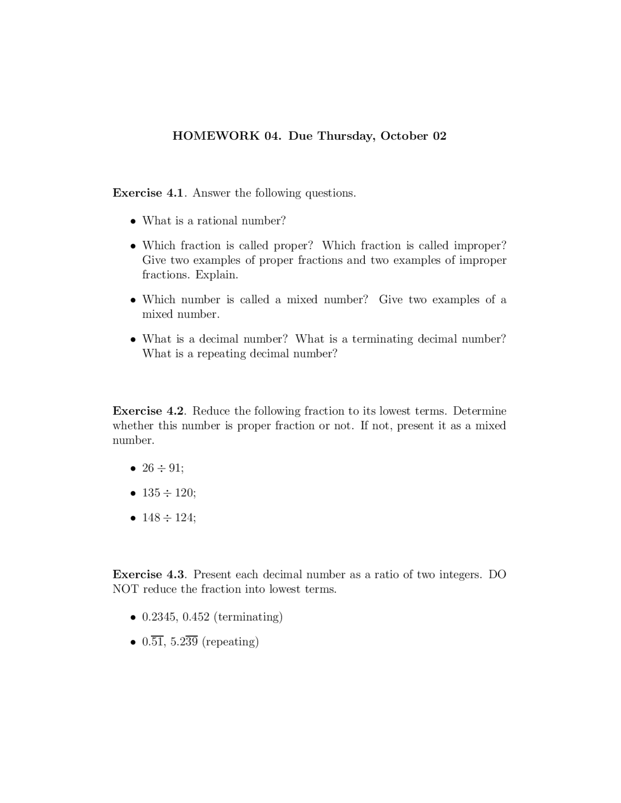 Solved Exercises On Proper And Improper Fractions Homework 4 Math