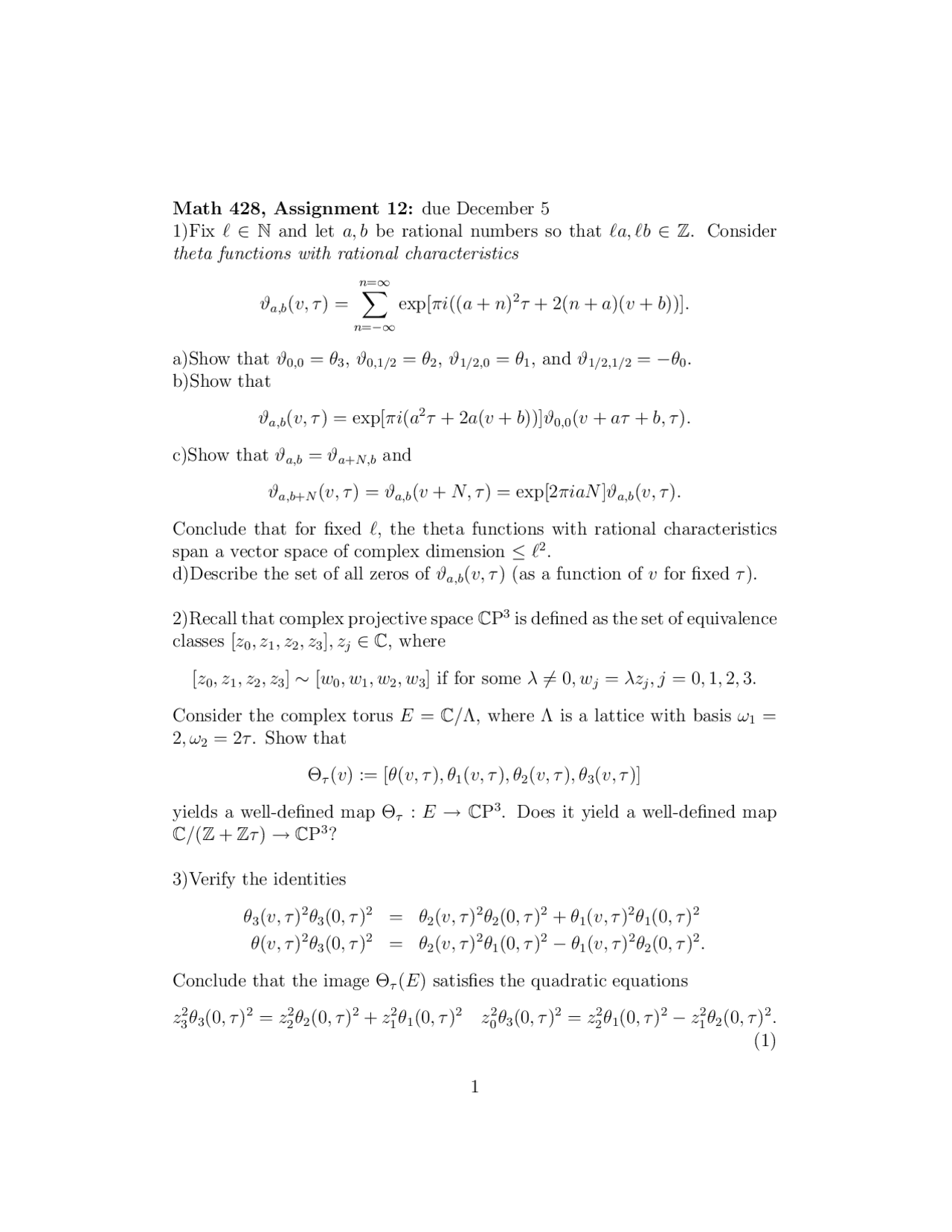 Assignment 12 Questions for Complex Analysis | MATH 428 - Docsity