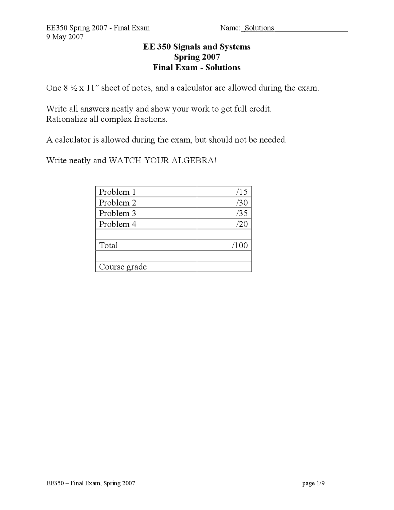 4 Solved Problems On Signals And Systems Final Exam Ece 350 Docsity