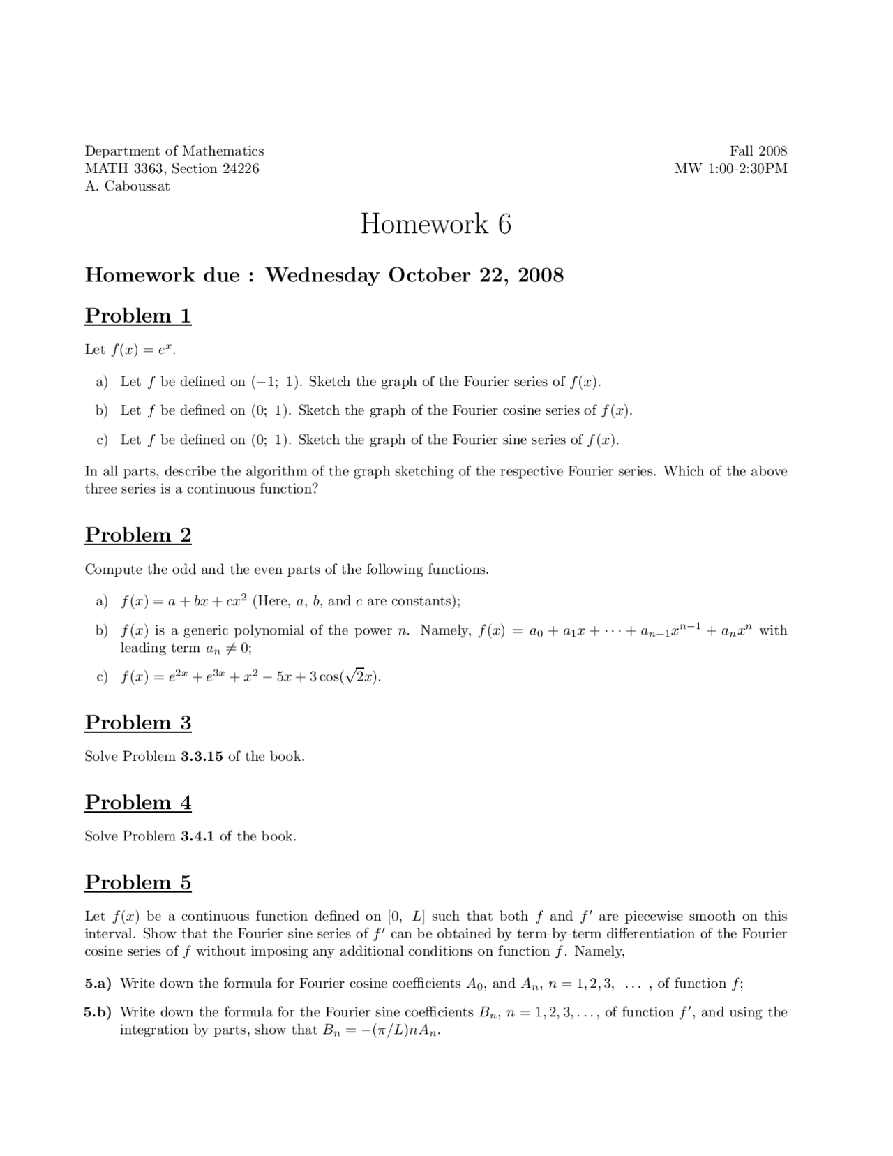 5 Problems On Fourier Series Functions Assignment 6 Math 3363 Docsity