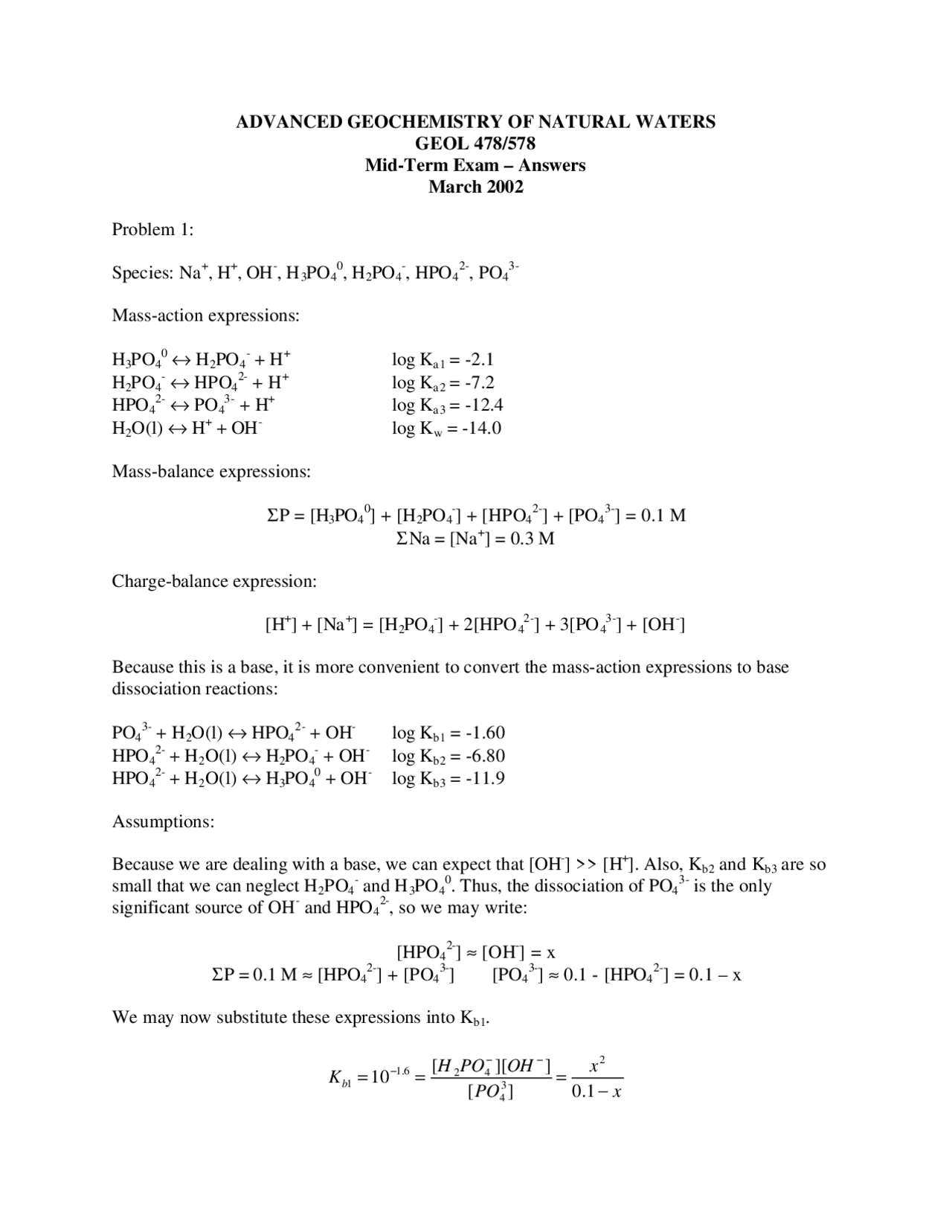 Midterm Exam Questions With Solutions Advanced Geochemistry Of