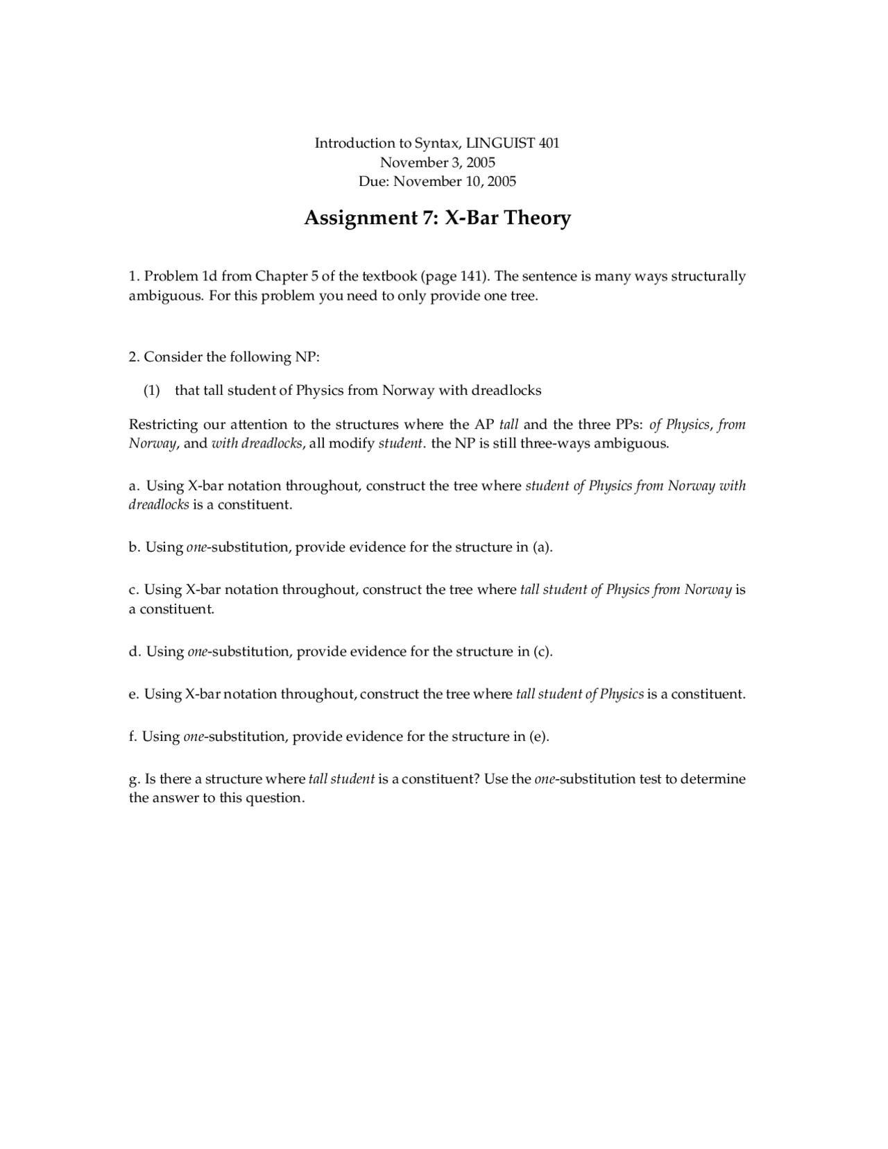 Assignment 6 X Bar Theory Introduction To Syntax Linguist 401